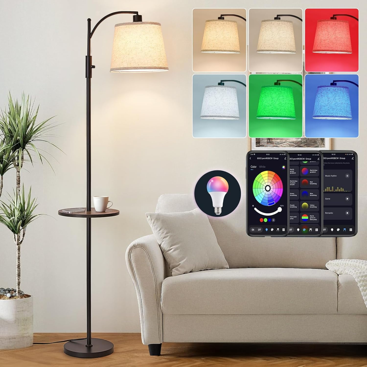 Smart Floor Lamp with Side Table | Stepless Dimming, RGB Multi-Color ...