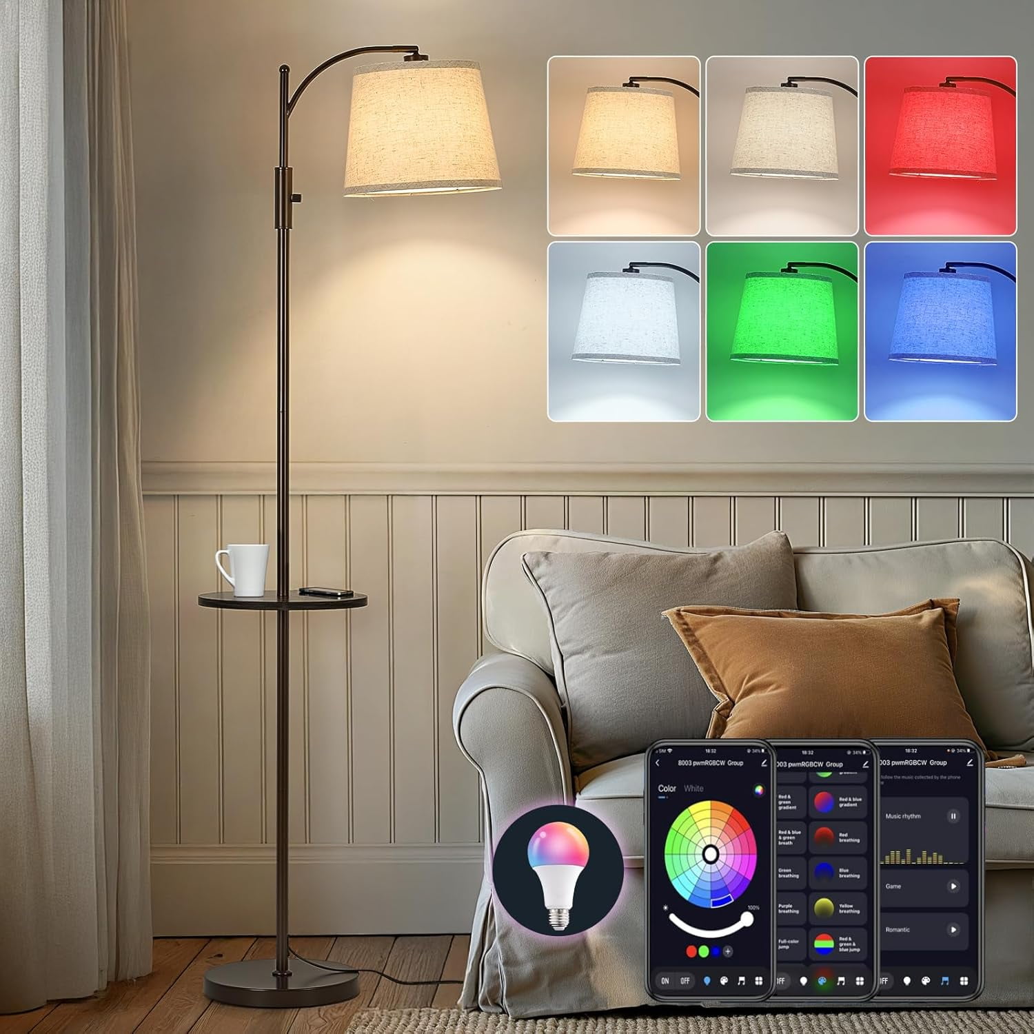 Smart Floor Lamp with Side Table | Stepless Dimming, RGB Multi-Color ...