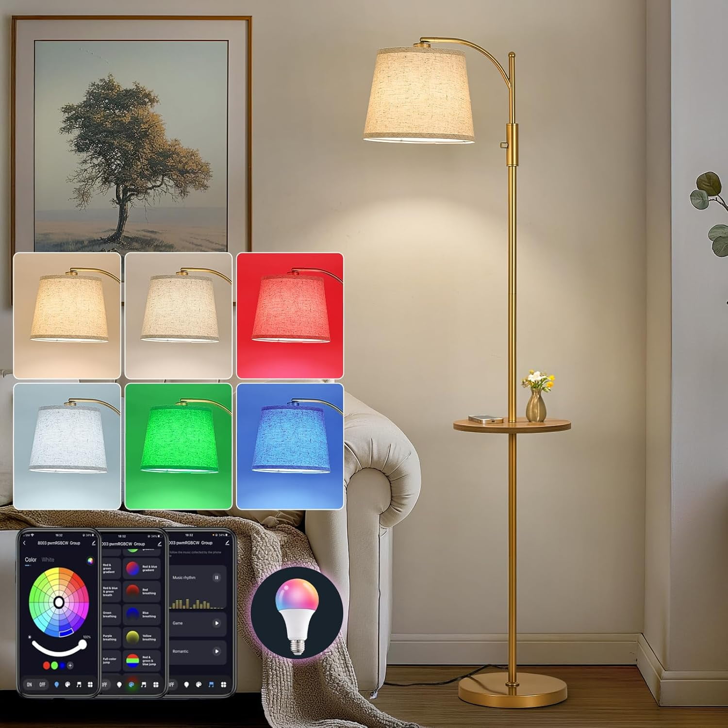 Smart Floor Lamp with Side Table | Stepless Dimming, RGB Multi-Color | Adjustable Swivel Head ...