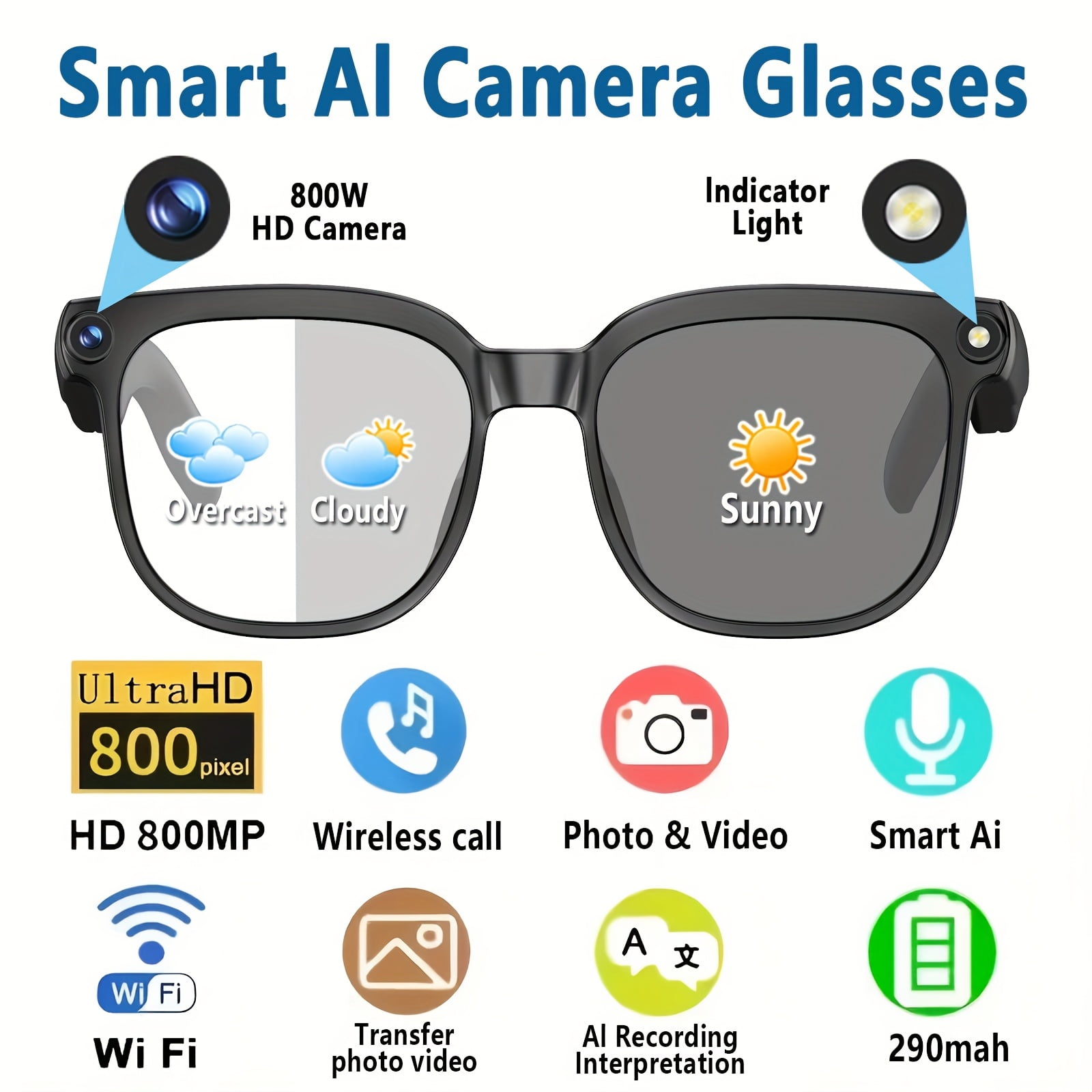 Smart Glasses 8MP HD Photo & Video 1080P Anti-shake, Photochromic ...