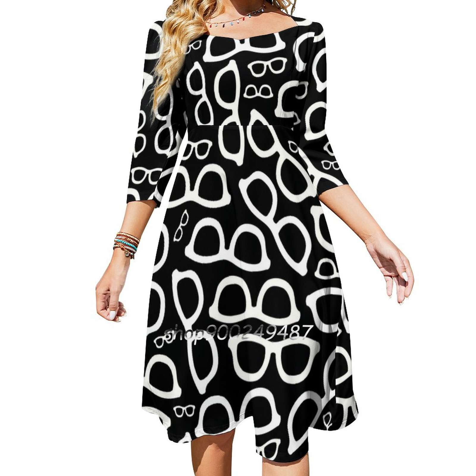 Smart Glasses Pattern ( White On Black ) Sweetheart Knot Flared Dress ...
