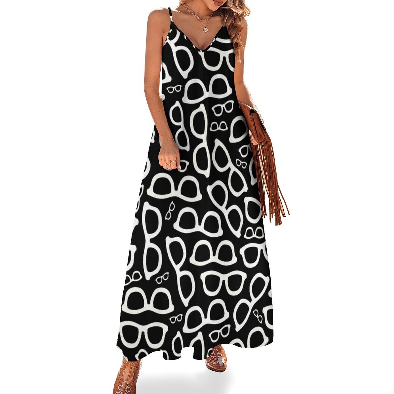 Smart Glasses Pattern (white on black) Sleeveless Dress dress women ...