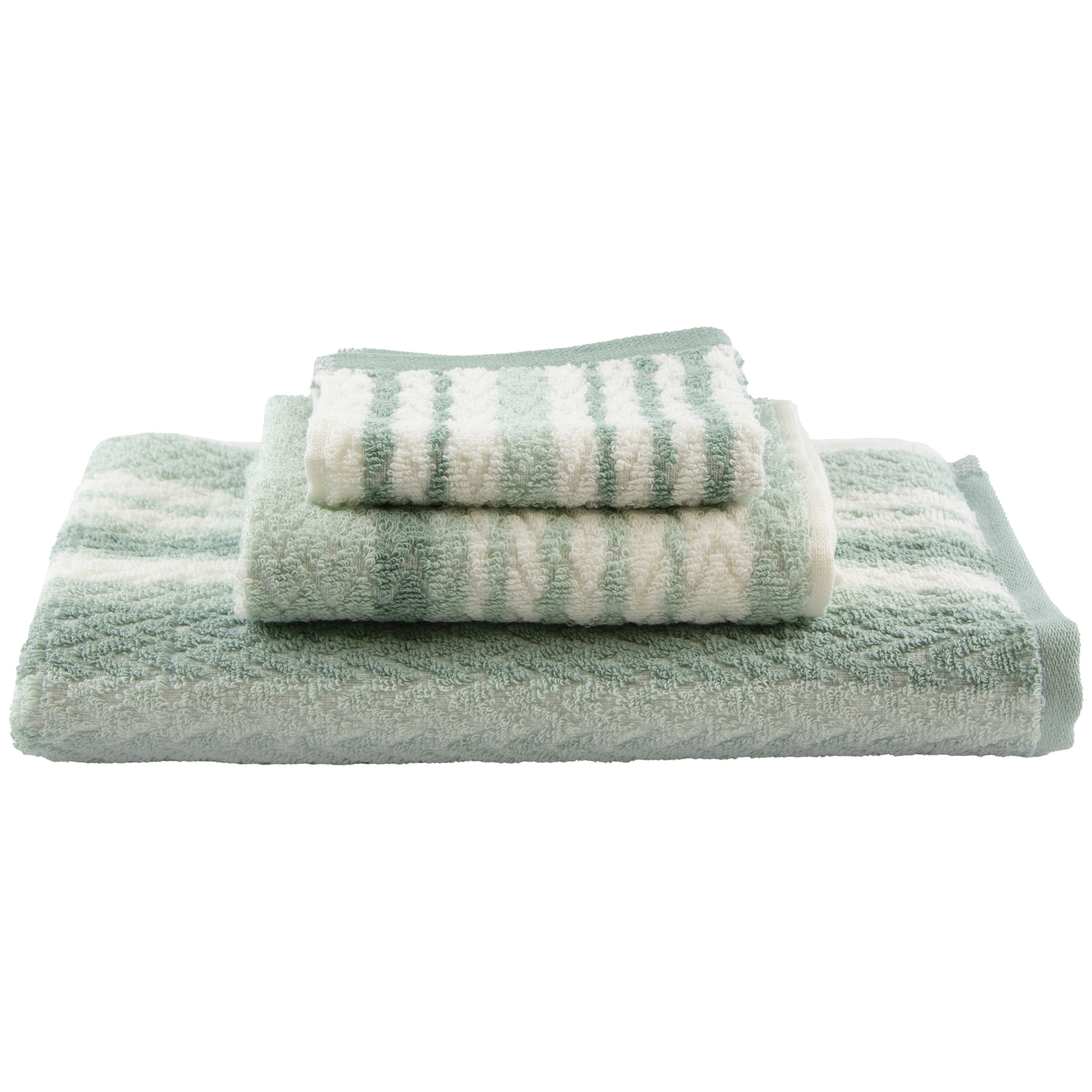 Smart Home Striped Jacquard Green and White Three Piece Bath Towel Set ...