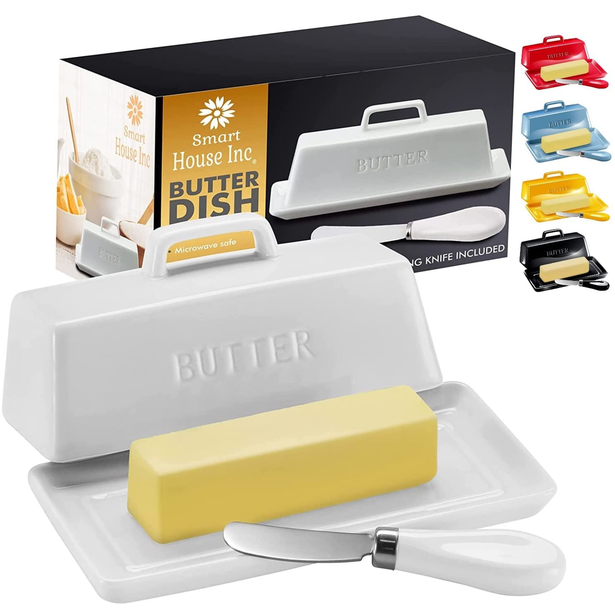 Smart House Inc White Ceramic Butter Dish Set with Lid, Handle, and ...