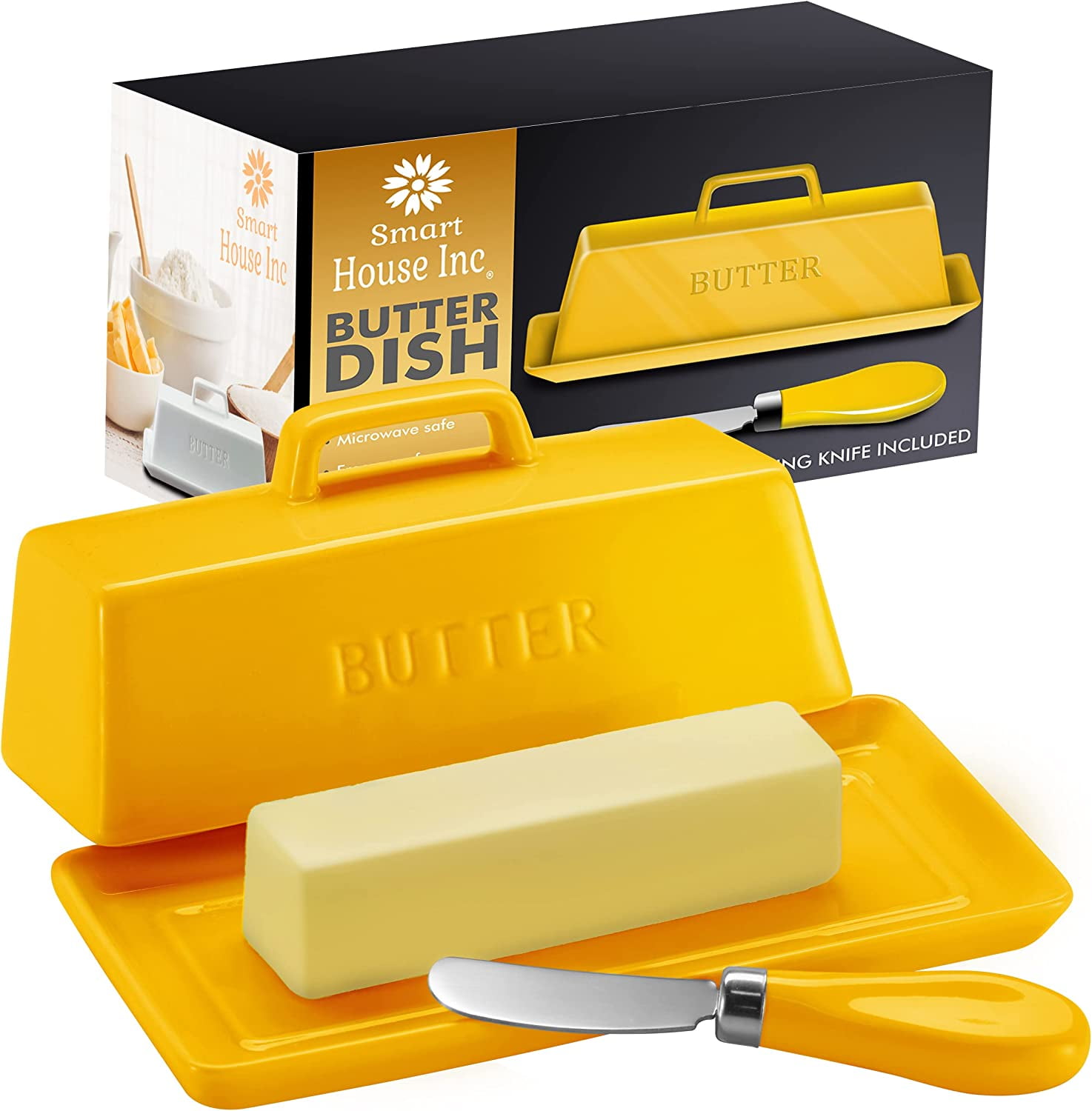 Smart House Inc Yellow Ceramic Butter Dish Set with Lid, Handle and ...