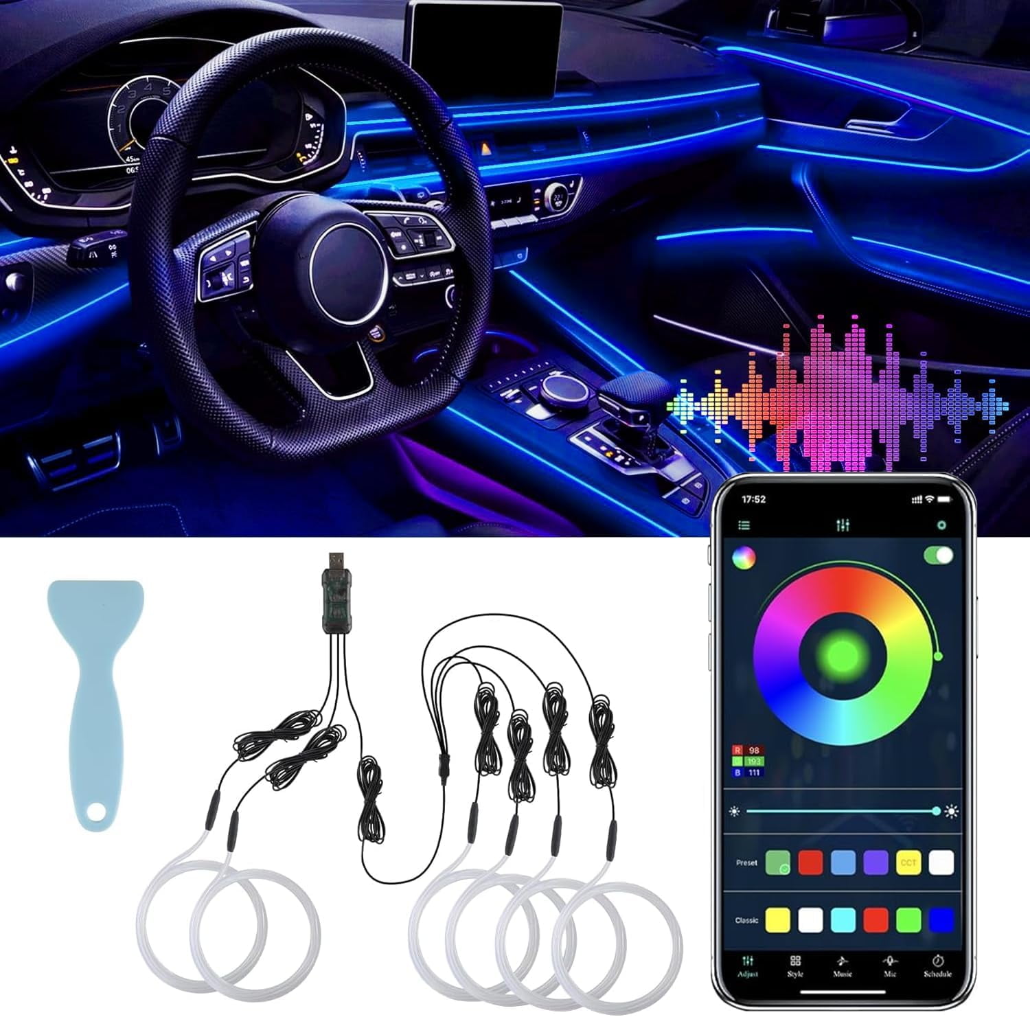 Smart LED Car Lights Interior with USB Port, LED Strip Fiber Optic ...