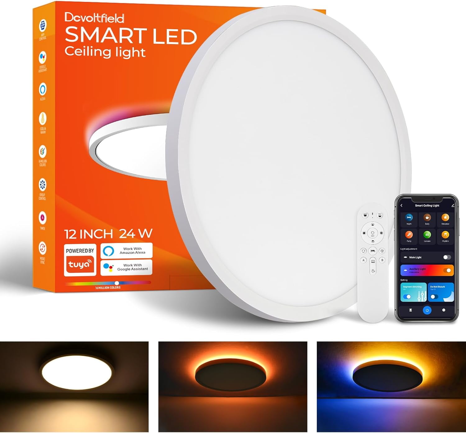 Smart LED Ceiling Light Wifi,12inch RGB Flush Mount Lighting Fixture ...