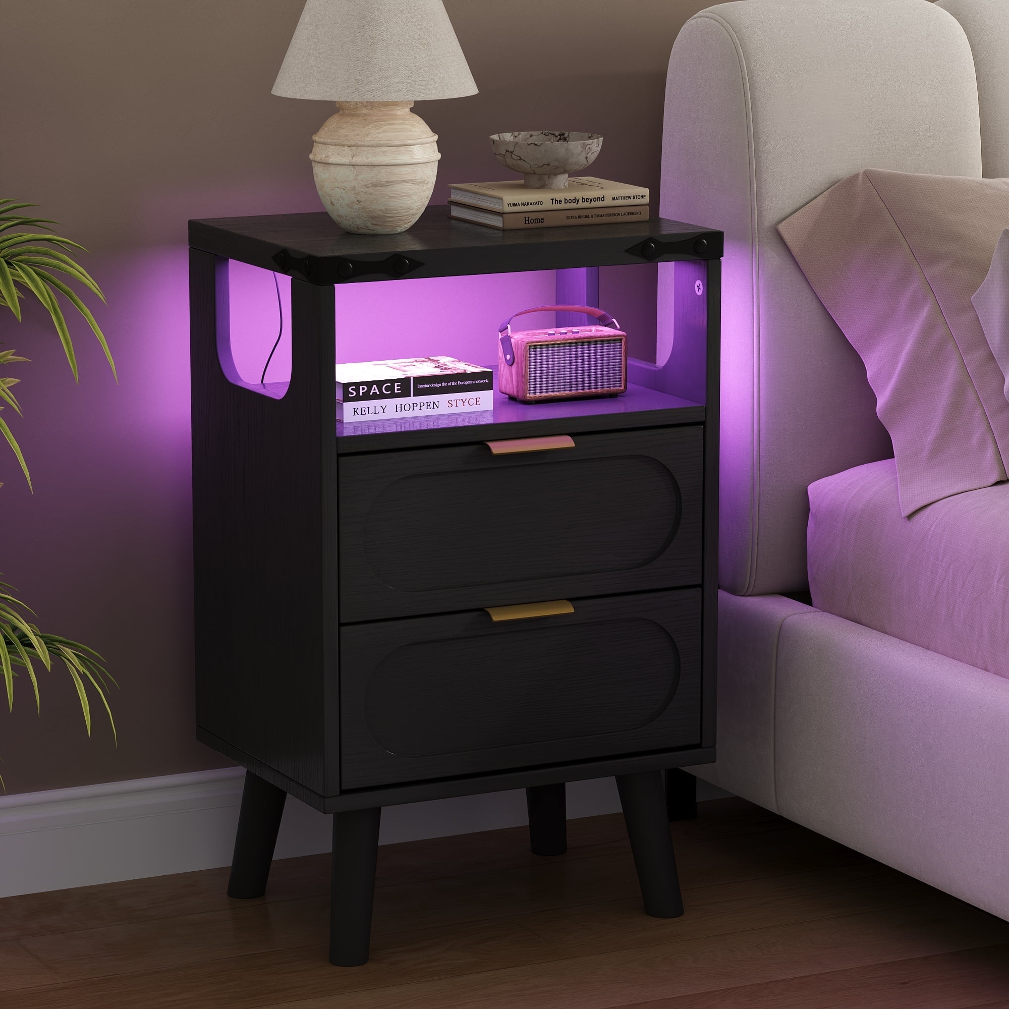 Smart LED Nightstand with Charging Station, Side Table with 2 Wooden ...