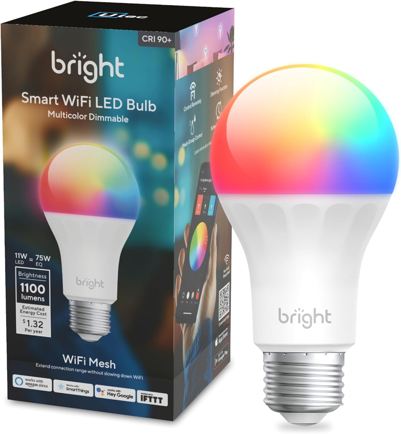 Smart Light Bulbs, 1100 Lumen, 90+CRI WiFi Mesh & Bluetooth Color Changing A19 Light Bulb, 16 ...