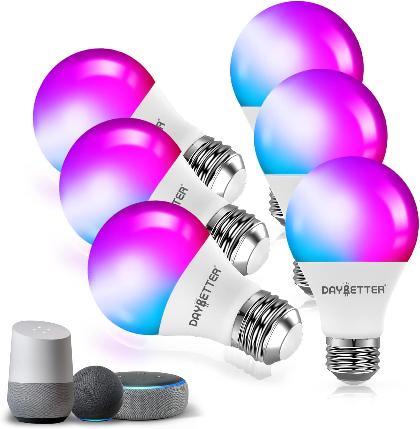 DAYBETTER 6 Pack Smart Bulbs, Alexa & Google Compatible, RGBCW, Dimmable A19 E26, No Hub ...