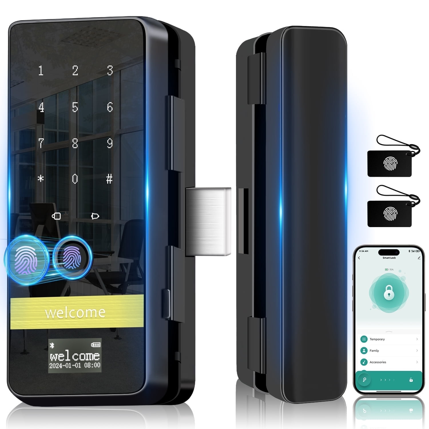 Smart Glass Door Lock,8 in 1 Keyless Entry Fingerprint Deadbolt with ...