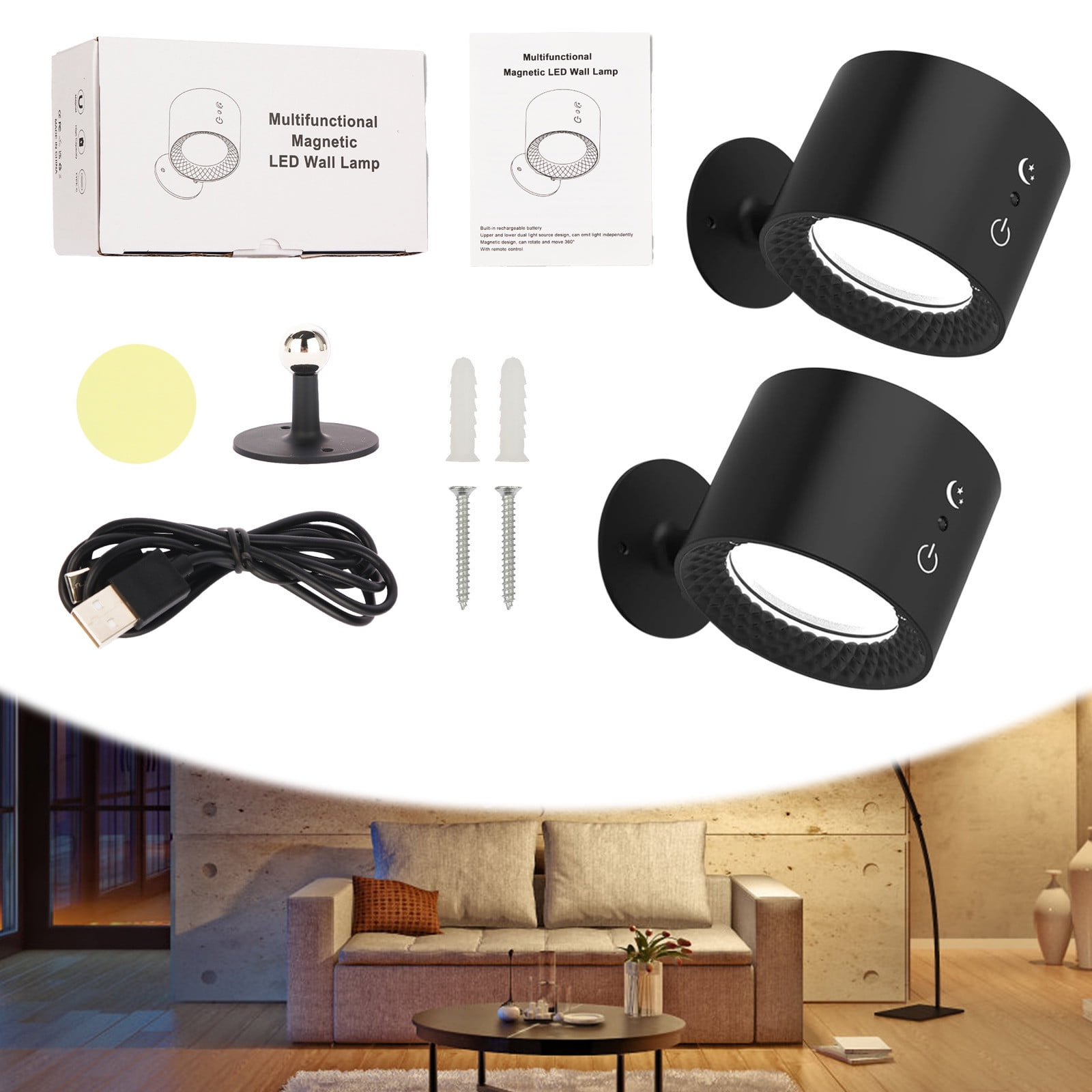 Smart Magnetic Wall Lamp USB Rechargeable,360° Rotating,Dimmable Three ...