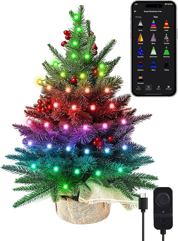 Smart Mini Christmas Tree, 2ft DIY Smart-Lit Tabletop Tree Set with 75 ...