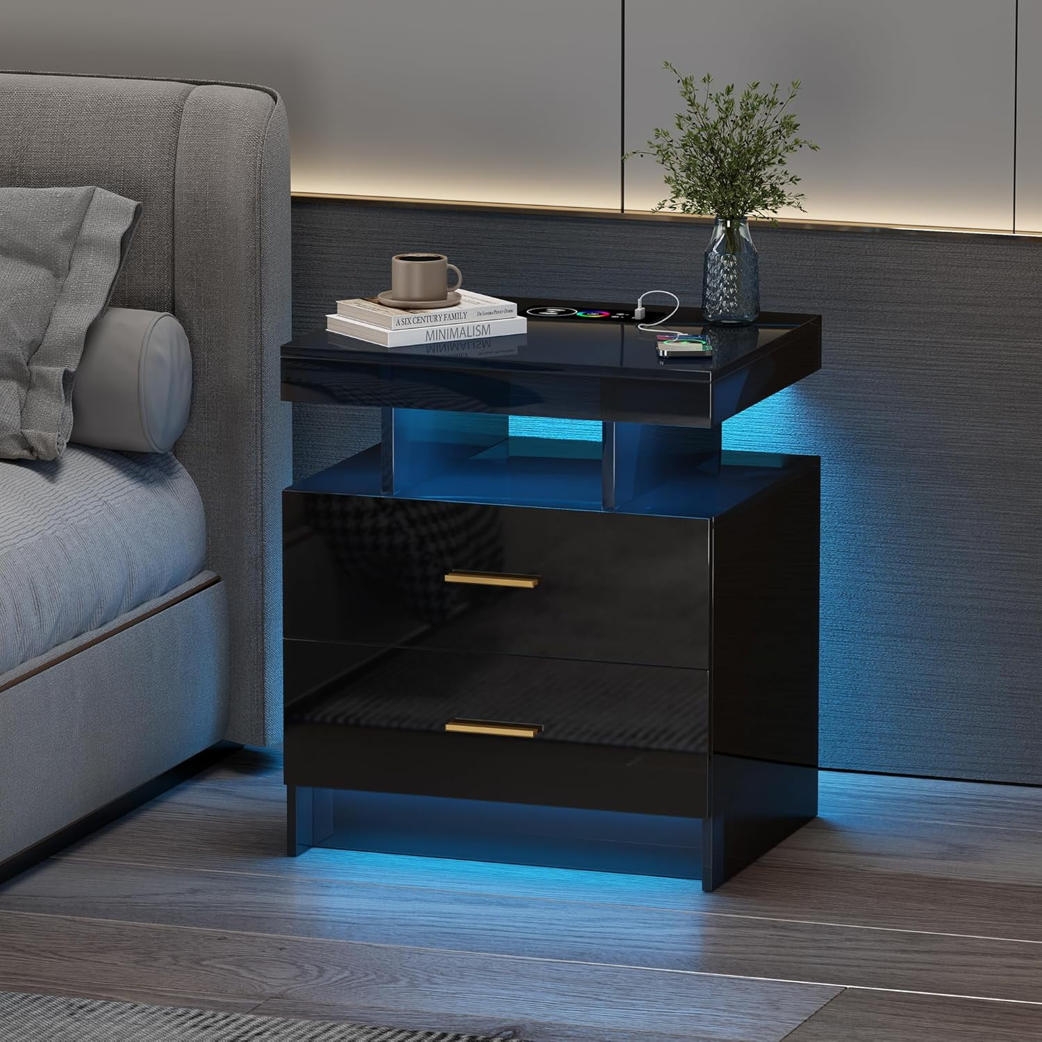 Smart Night Stand with Charging Station, Modern Black Nightstand with ...