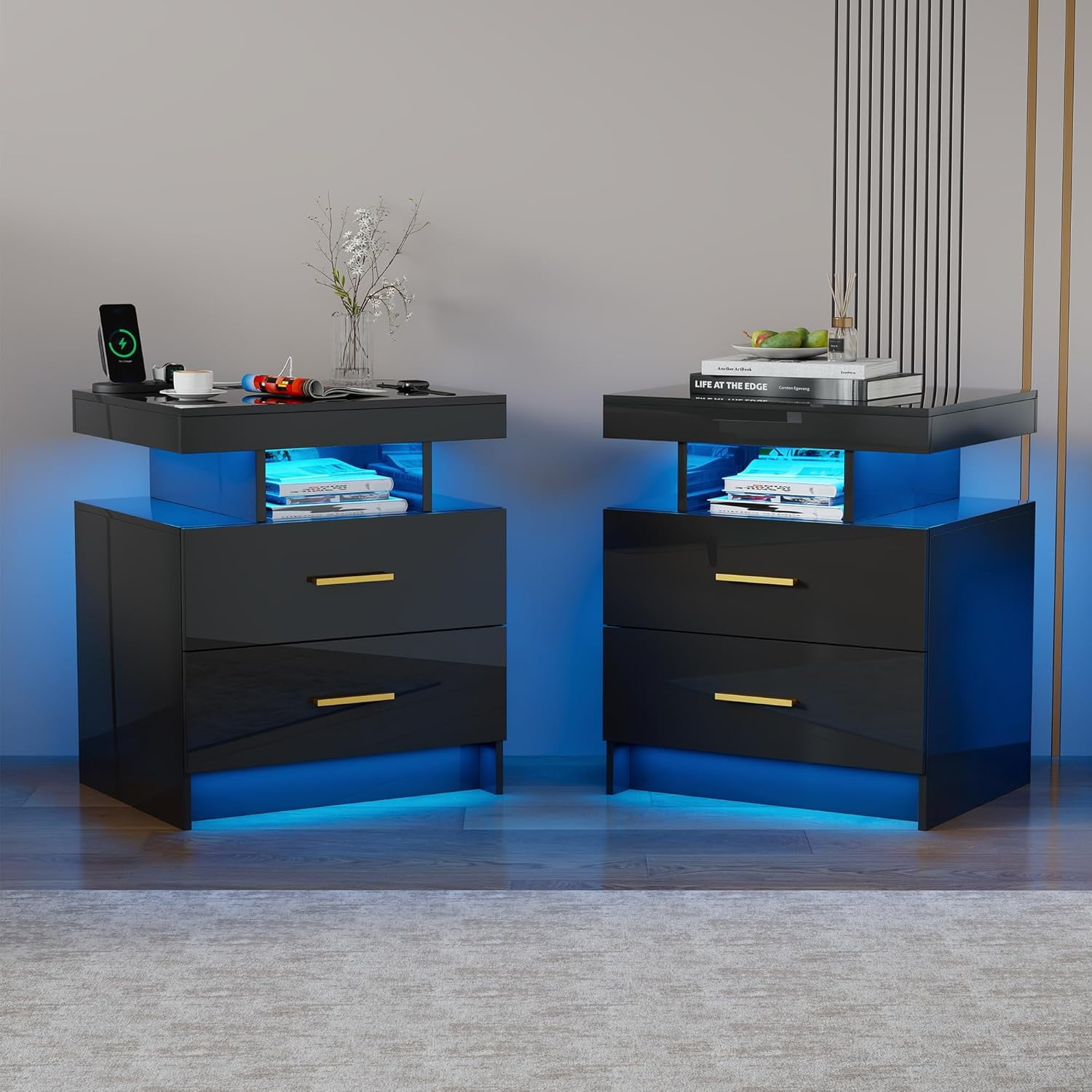 Smart Night Stand Set of 2 with Charging Station, Modern Black ...