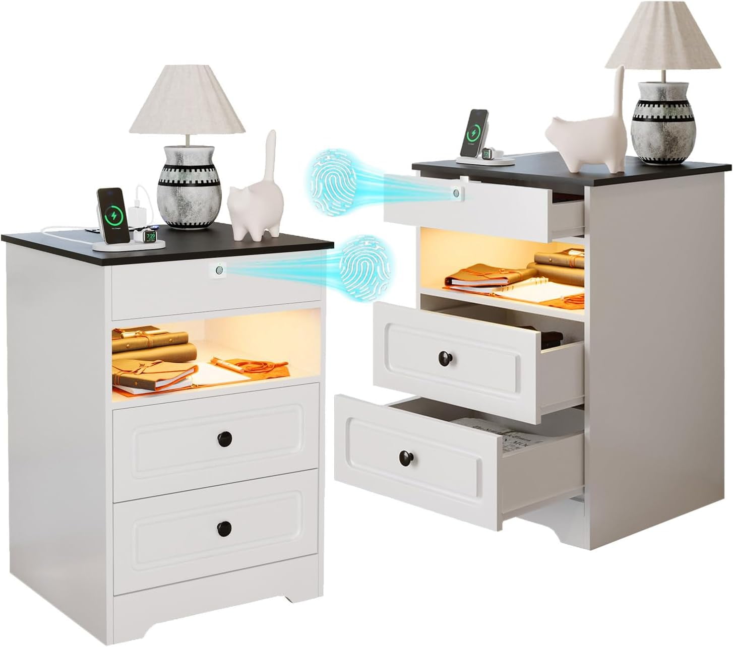 Smart Night Stand Set 2 with Gun Drawer, White Farmhouse Nightstand ...