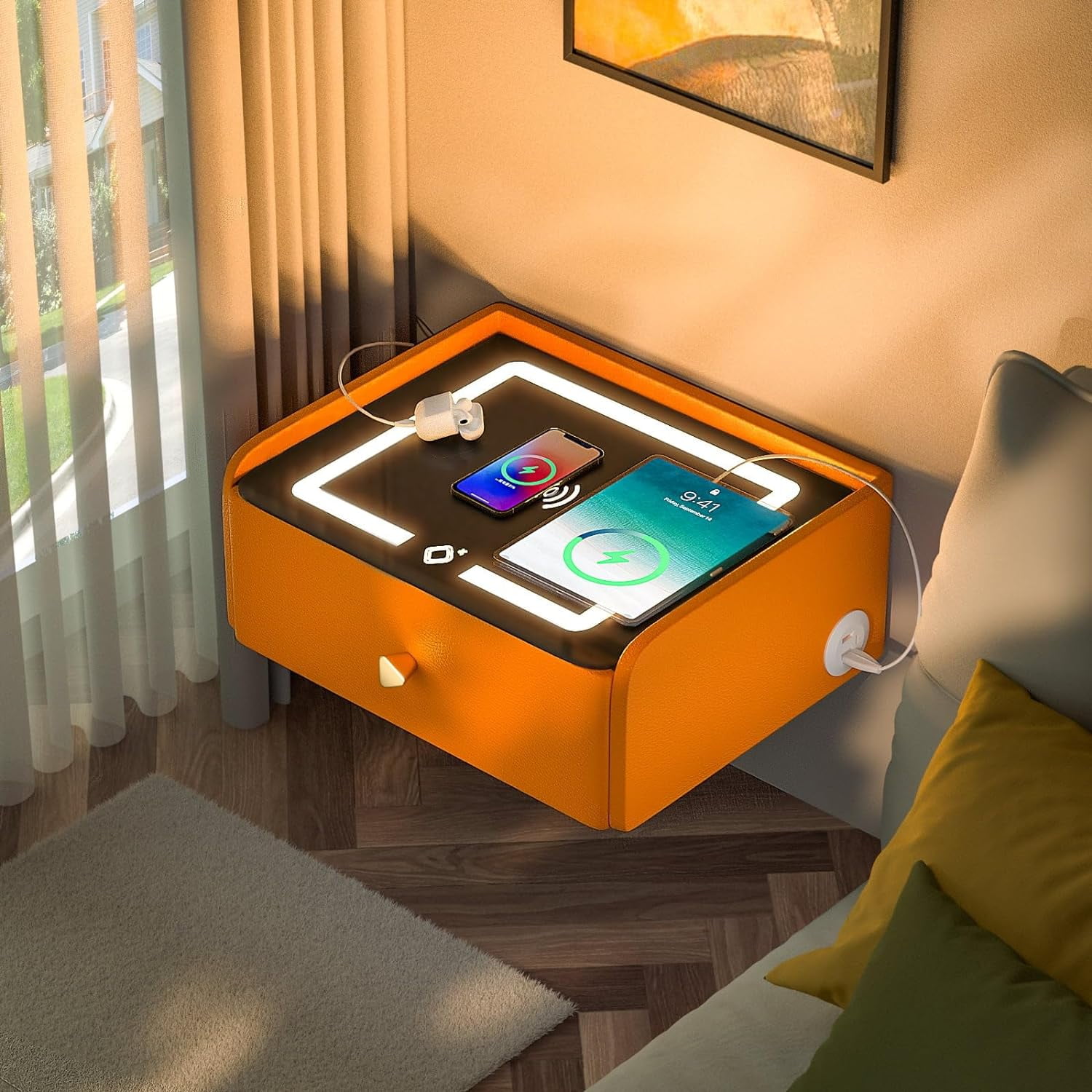 Smart Nightstand Floating Bedside Table LED Nightstand with Charging ...