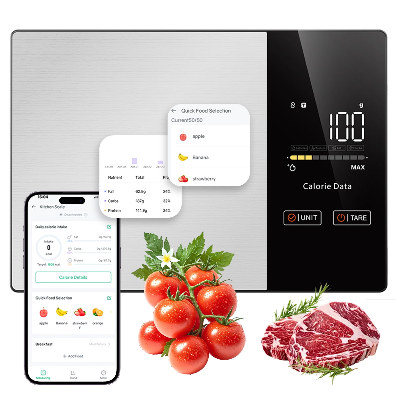 Smart Nutrition Food Scale with LED Touch Display, Tracks Calories, Fat ...
