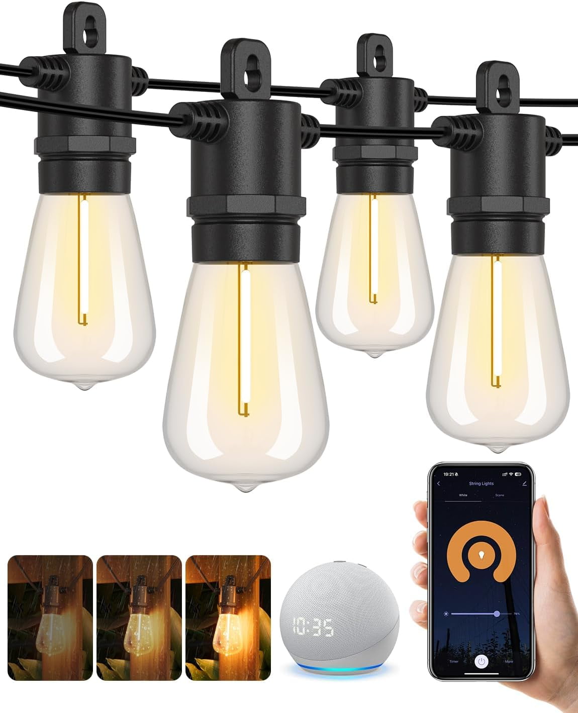 Smart Outdoor String Lights - 128FT Dimmable Patio Lights App Control ...