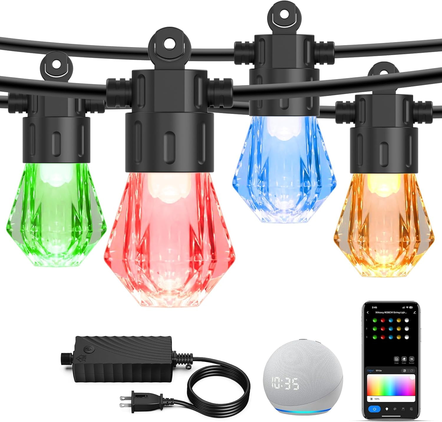 Smart Outdoor String Lights - Acrylic Bulbs, Color Changing LED Patio ...