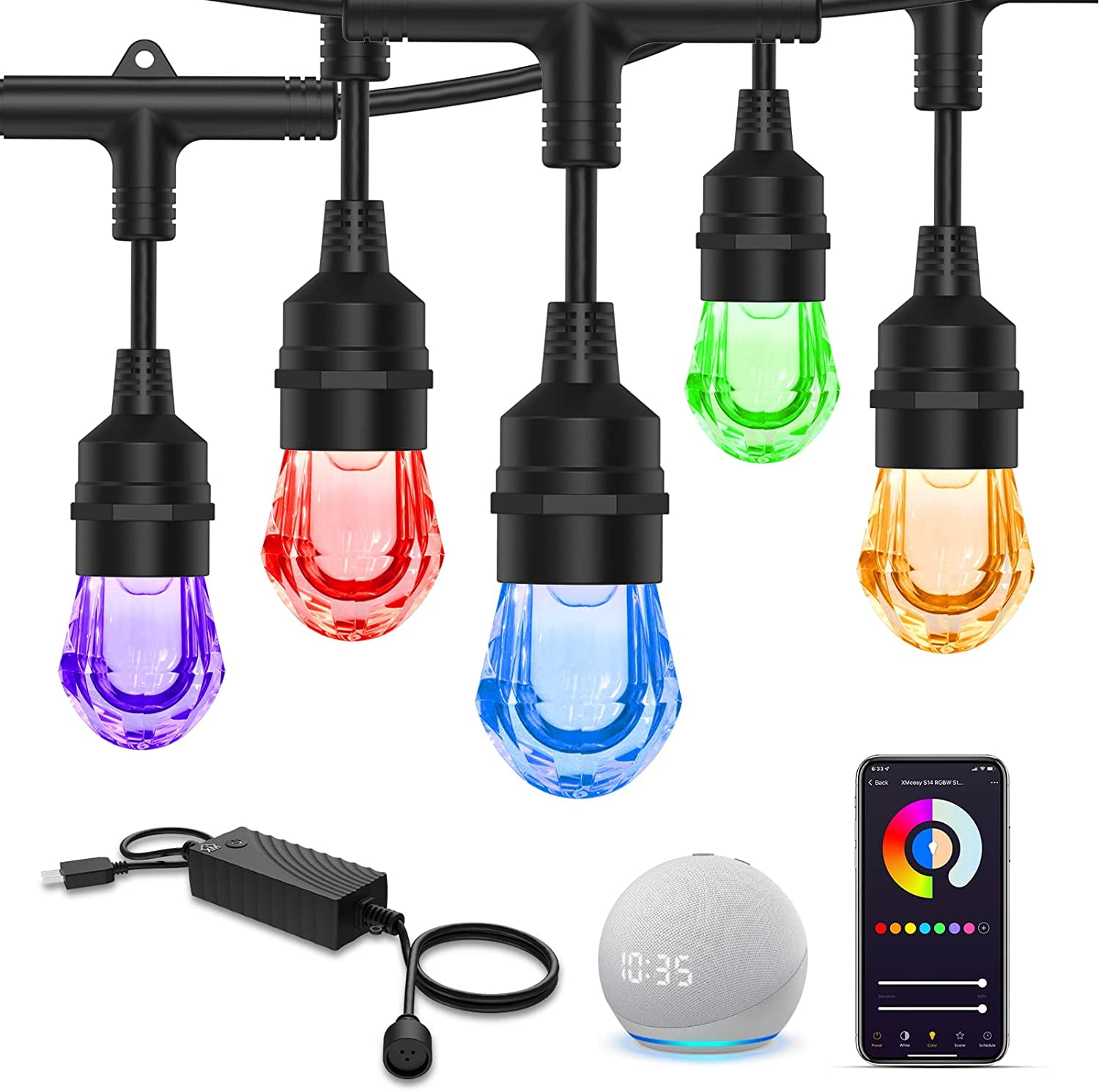 + Smart Outdoor String Lights Color Changing - 64ft RGB LED Patio ...