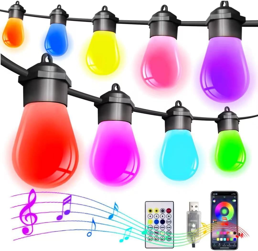 Smart Outdoor String Lights Waterproof 40FT with 15 Dimmable RGB LED ...