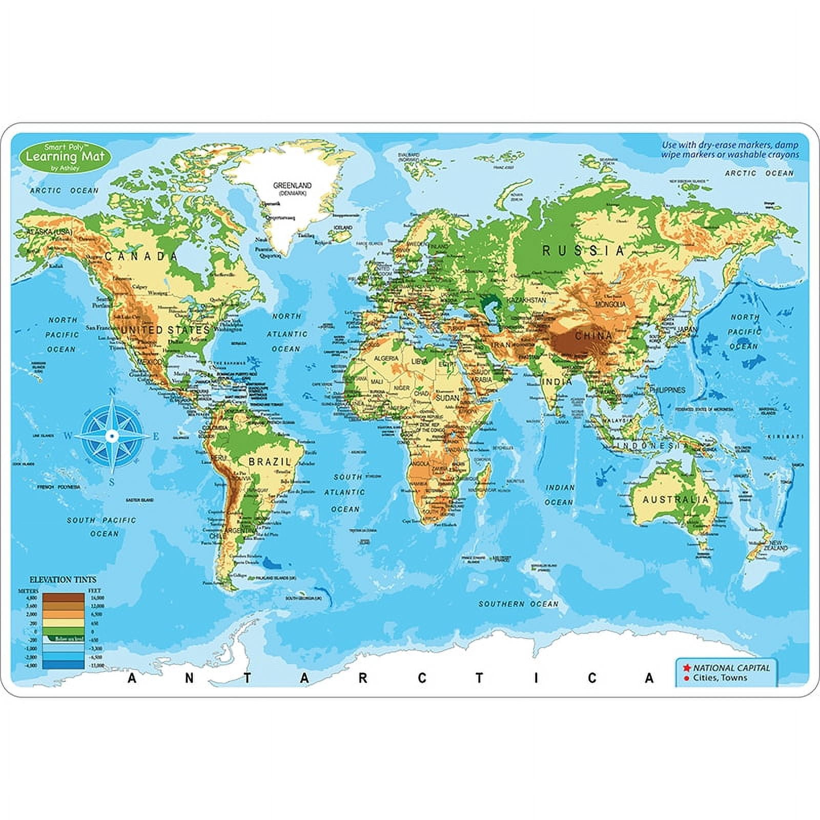 Smart Poly Learning Mat, 12" x 17", Double-Sided, World Physical Map ...