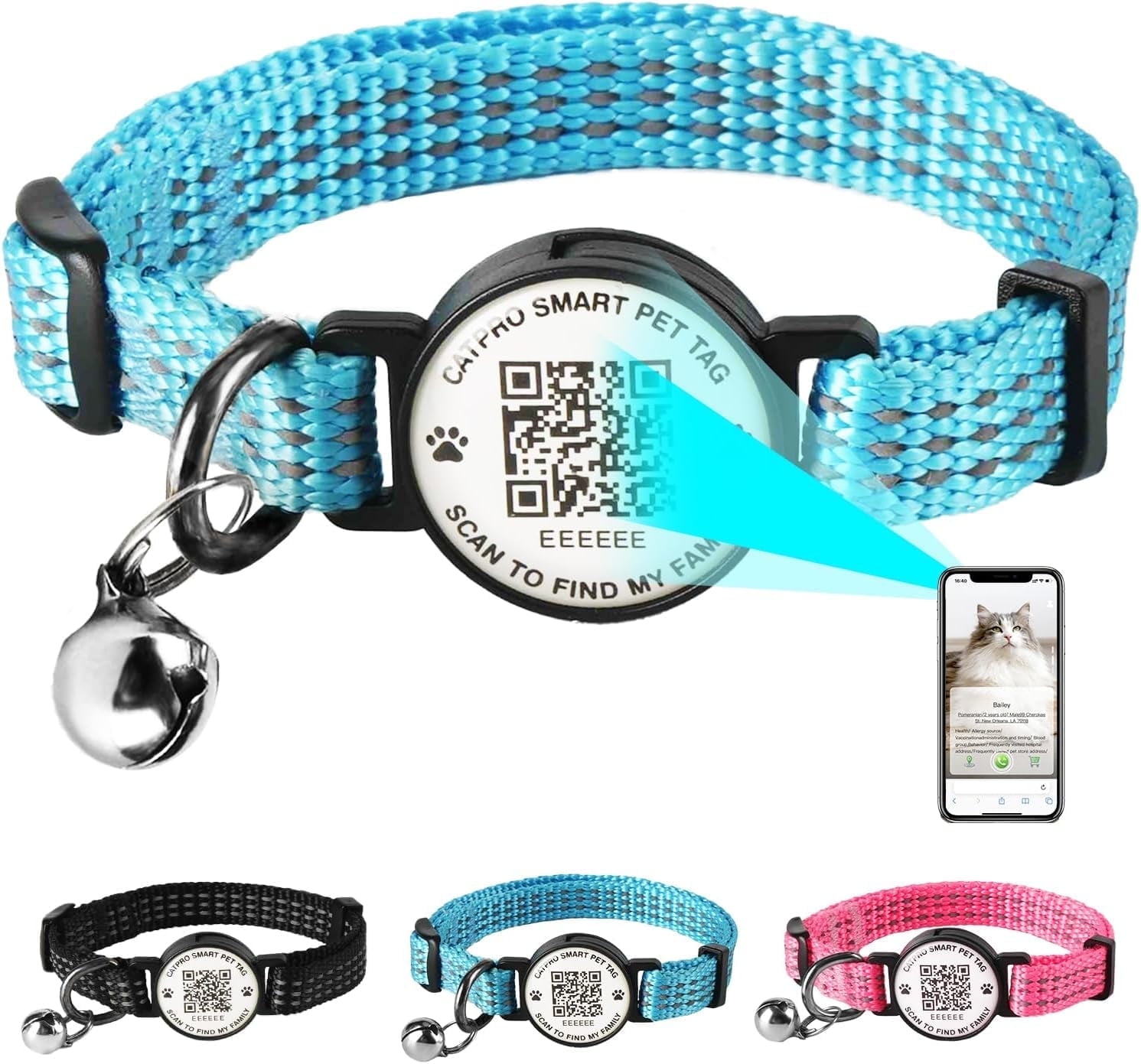 Smart QR Code Pet ID Personalized Tag Cat Collar, Reflective Nylon with ...