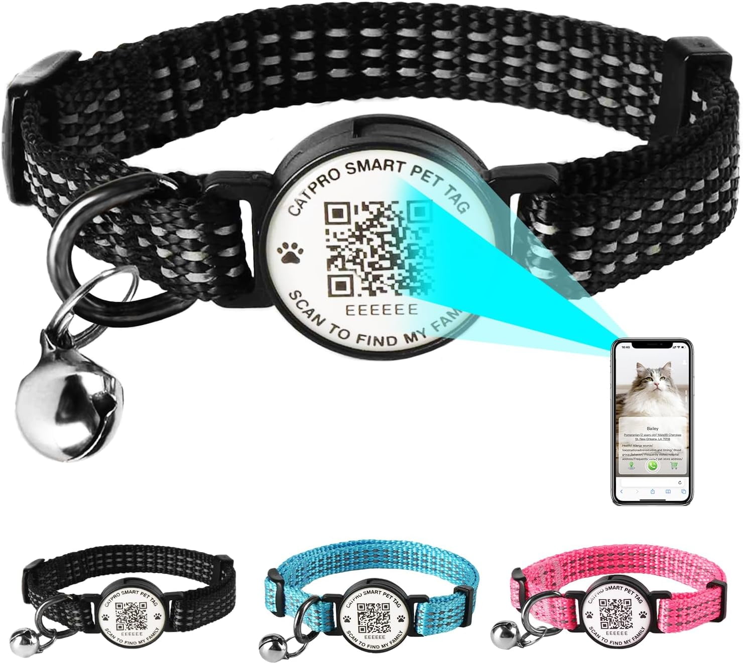 Smart QR Code Pet ID Personalized Tag Cat Collar, Reflective Nylon with ...