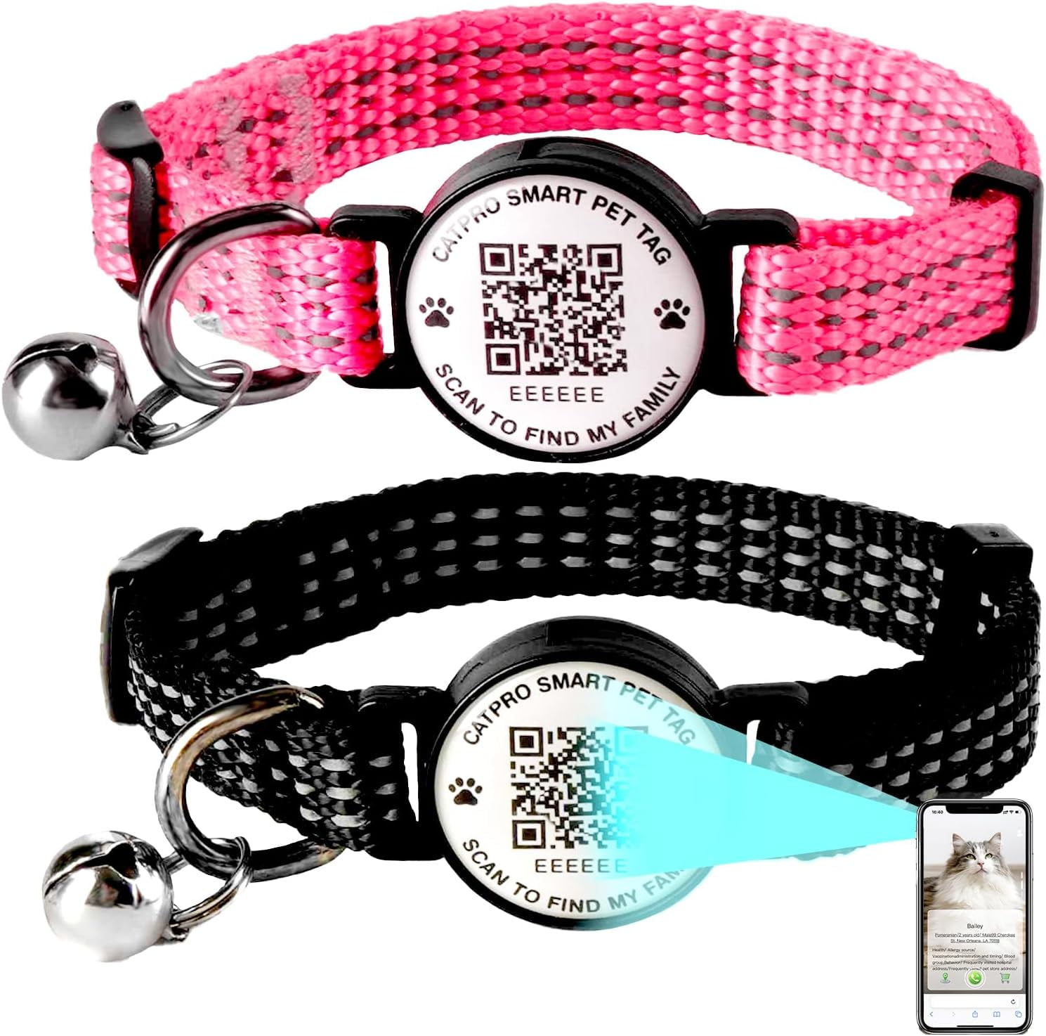 Smart QR Code Pet ID Personalized Tag Cat Collar, Reflective Nylon with ...