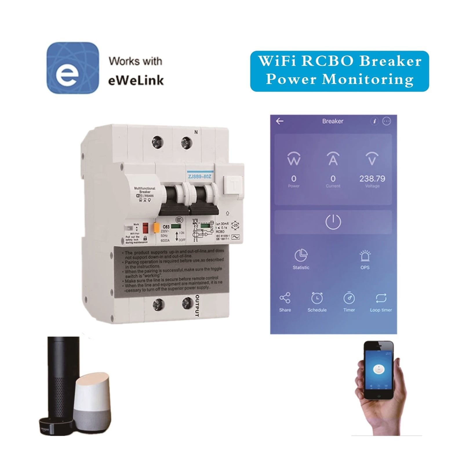 Smart RCBO Circuit Breaker 2P WiFi MCB EWelink Wireless Control Energy Monitoring Leakage ...