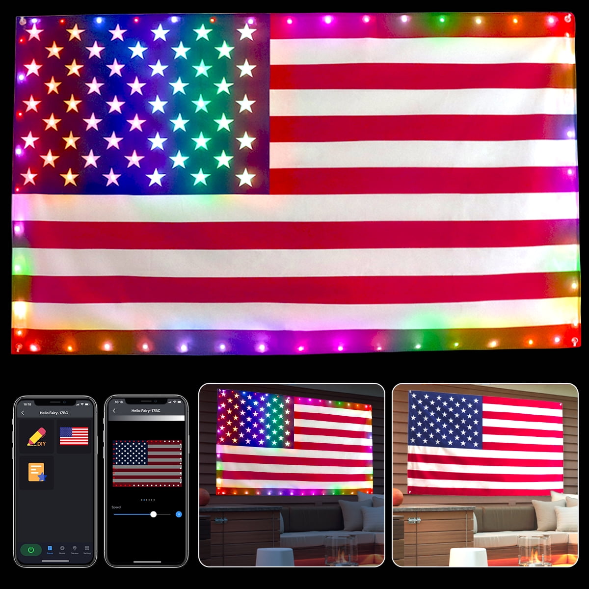 Smart RGB American Flag Lights 3x5FT 98LEDs Light up American Flag for ...