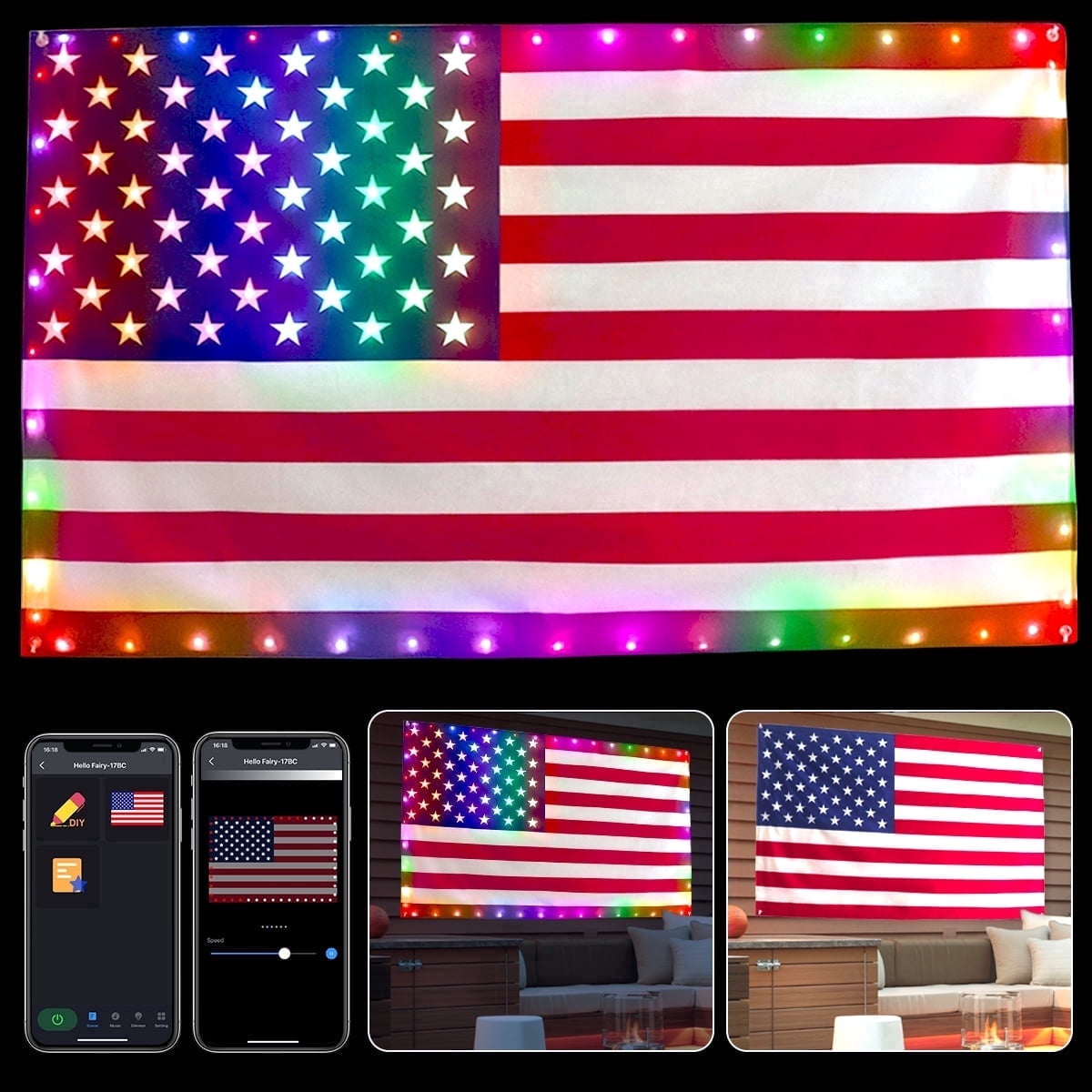 Smart RGB American Flag Lights 3x5FT 98LEDs Light up American Flag for ...