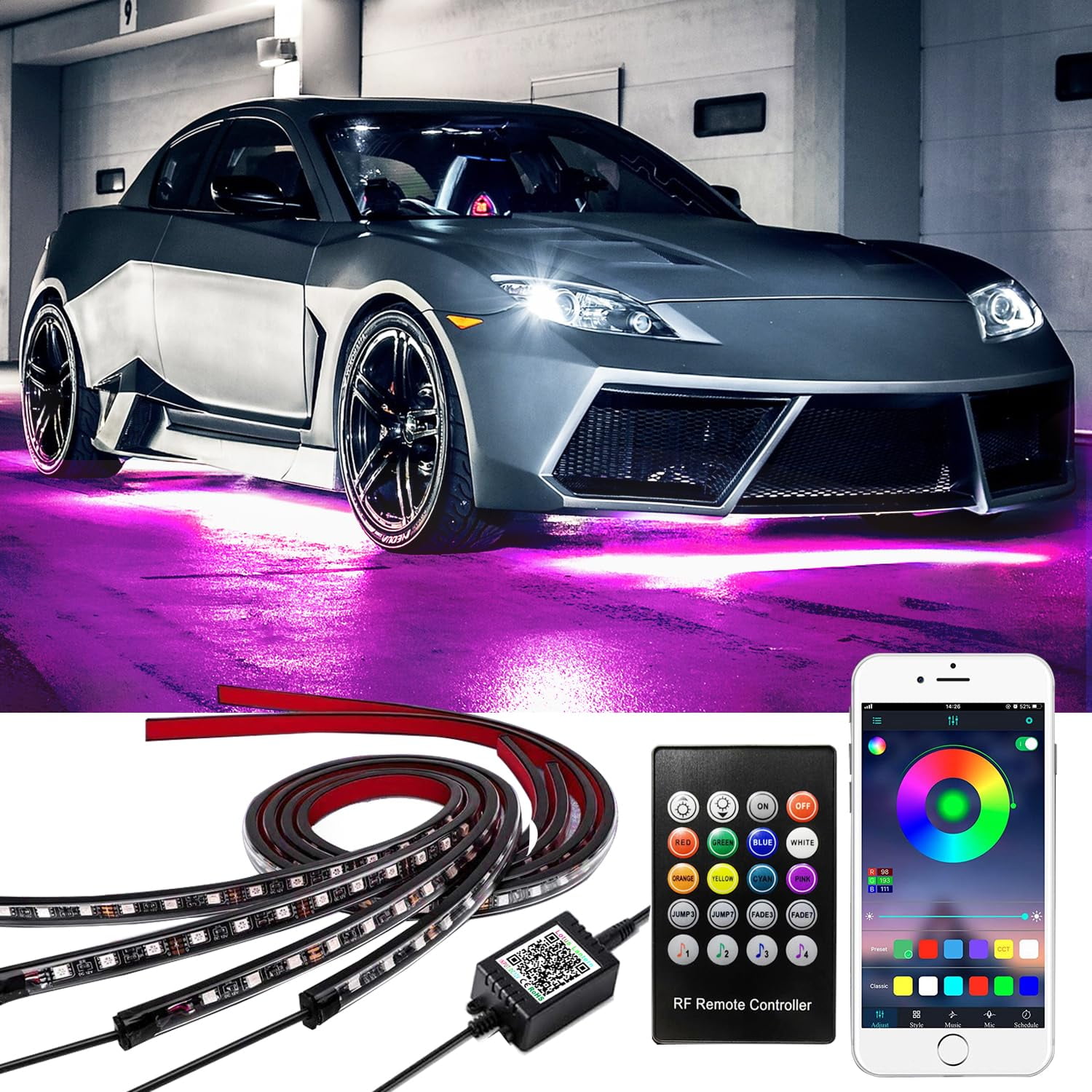 Smart RGB Car Underglow MMF7 Kit with App & RF Remote - IP67 Waterproof ...