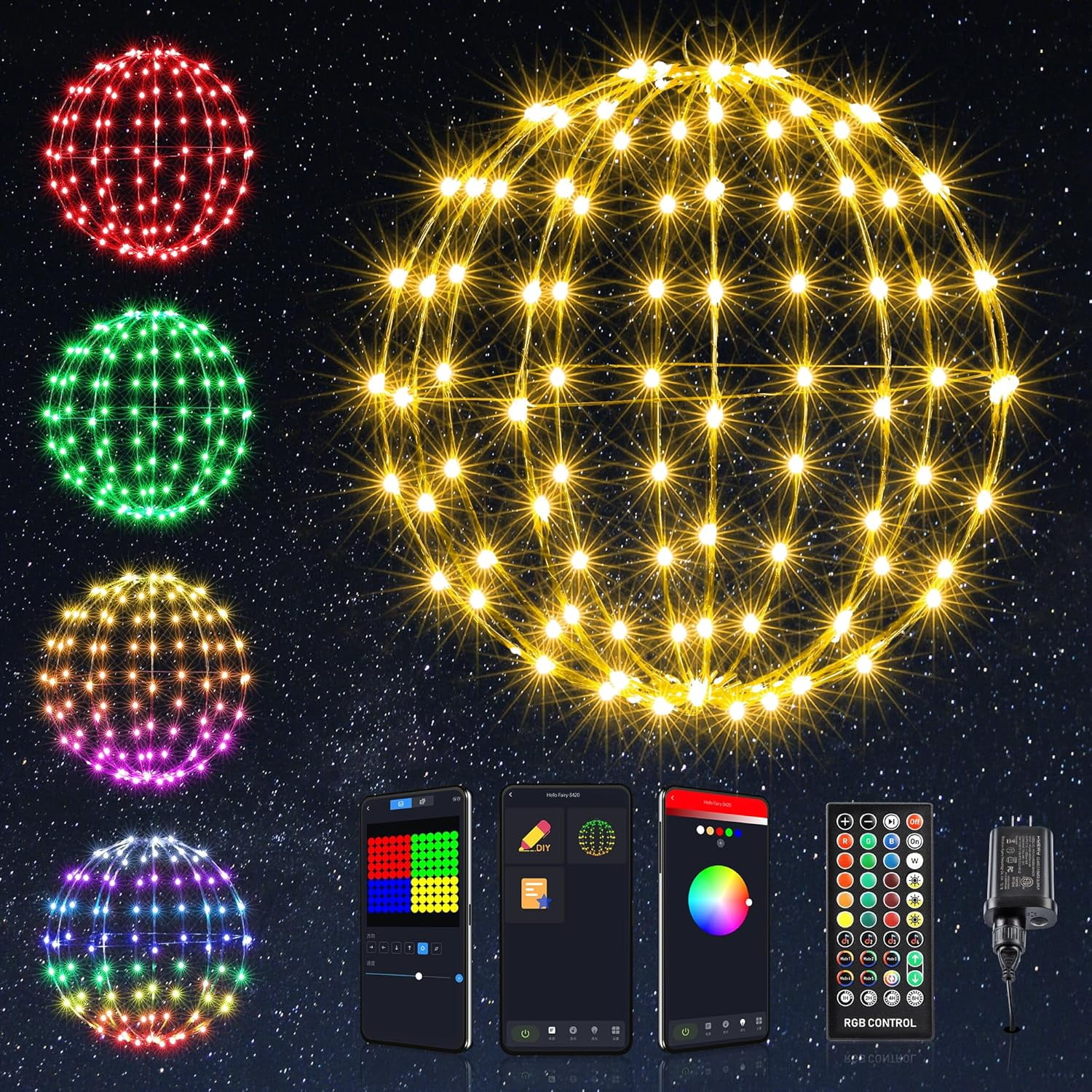 Smart RGB Christmas Hanging Ball Lights, 12" 108 LED Foldable Color ...