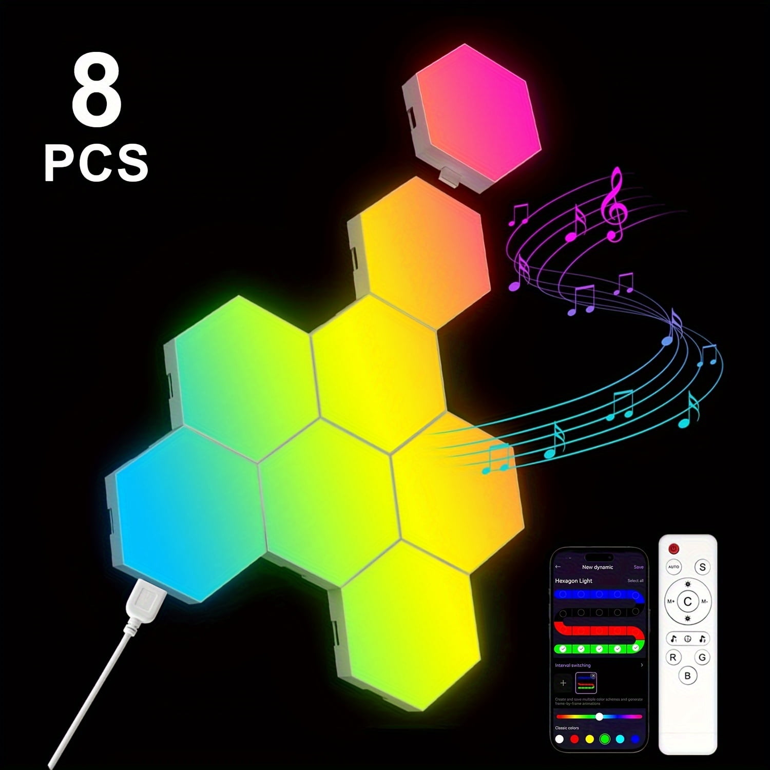 Smart RGB Hexagon Lights 3/8/12/20pcs - APP Control Music Sync ...