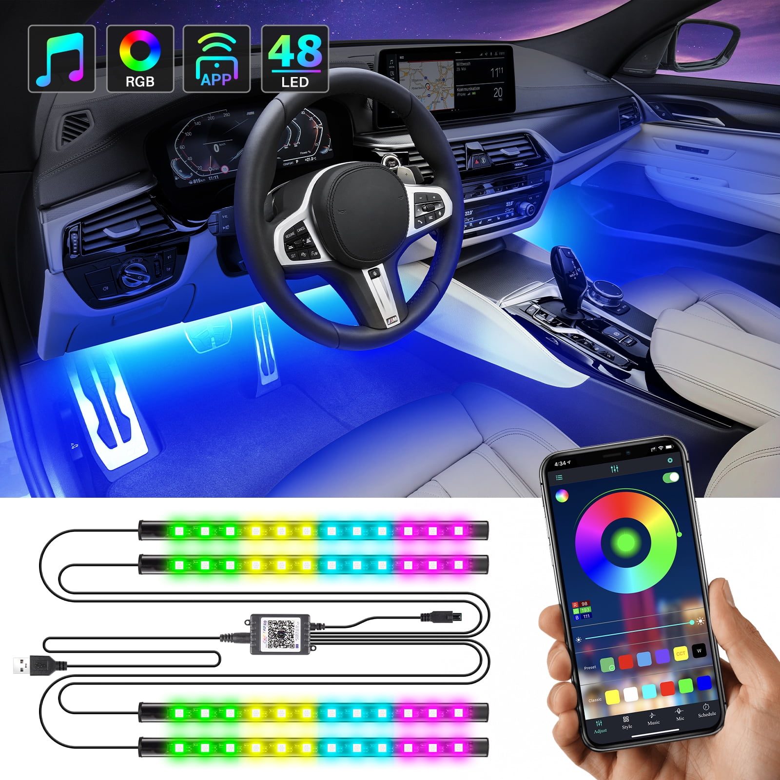 Smart RGB LED Interior Lights, 2 Lines Design with USB Port, App ...