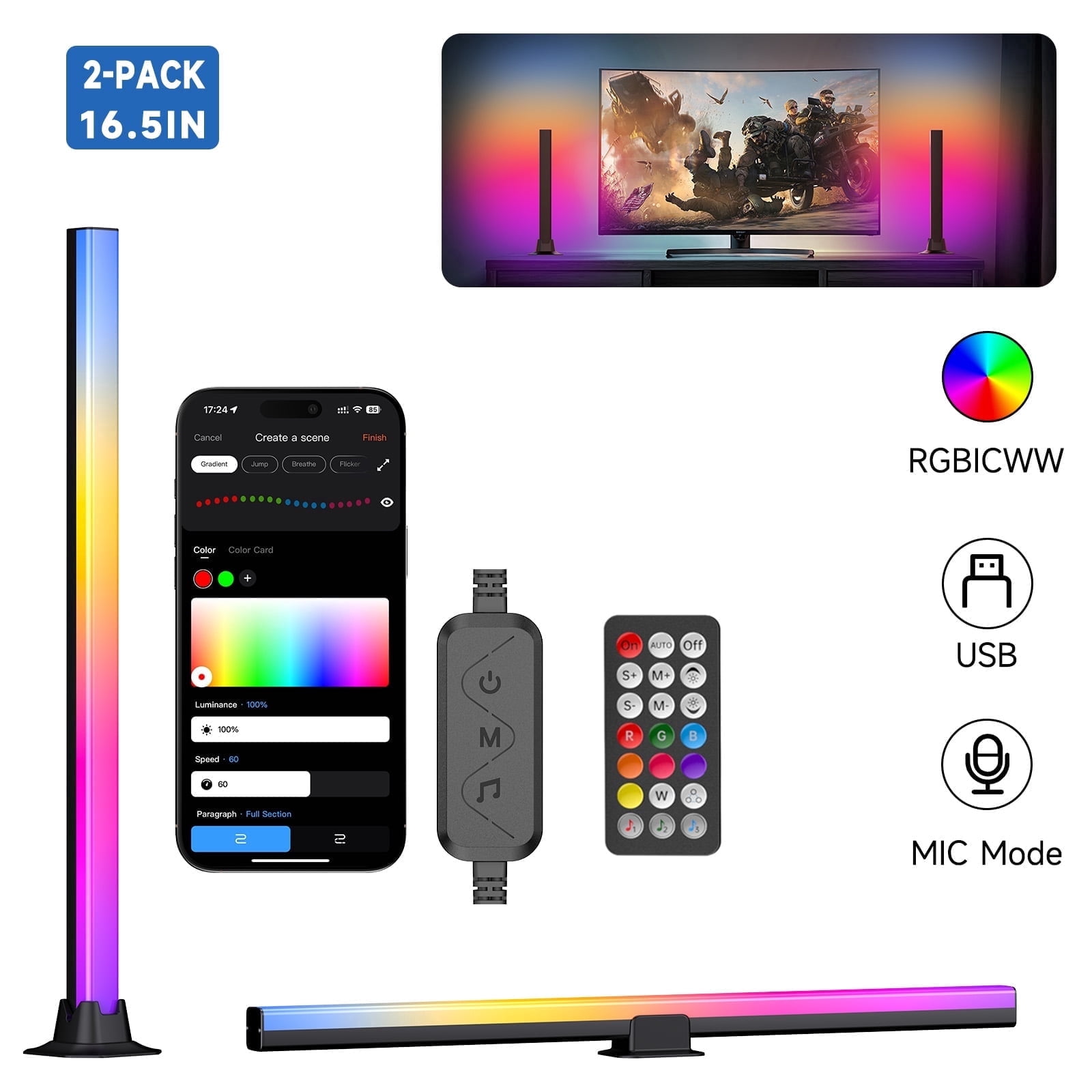 RGB LED Light Bars, USB Powered TV Backlight with Music Sync, APP ...