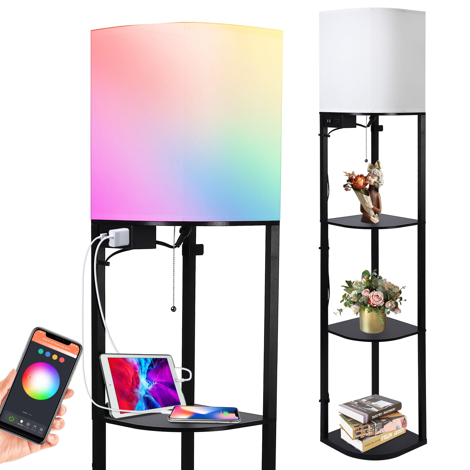 Smart RGB Shelf Floor Lamp with 2 USB Ports & 1 Power Outlet, Modern ...