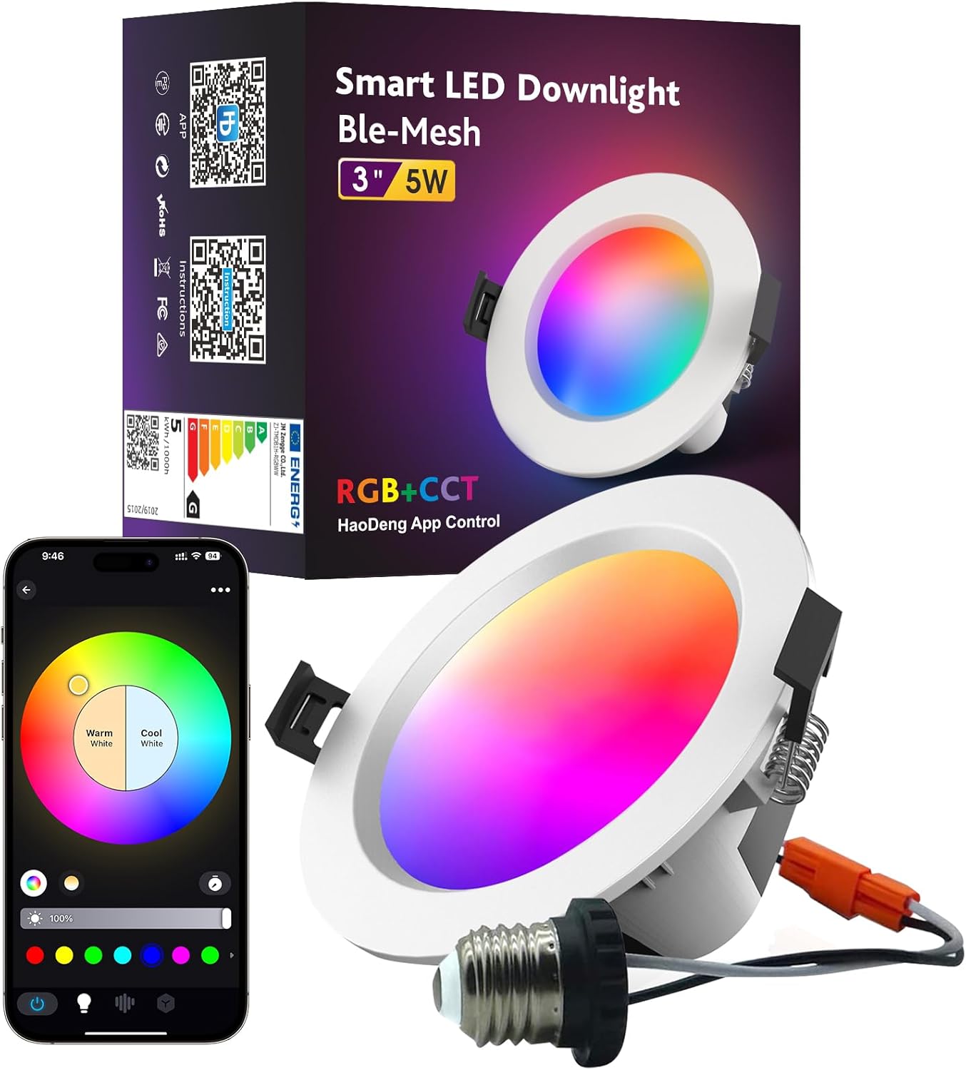 Smart Recessed Lighting 3 Inch, Multicolorred, Dimmable by App, Tunable ...