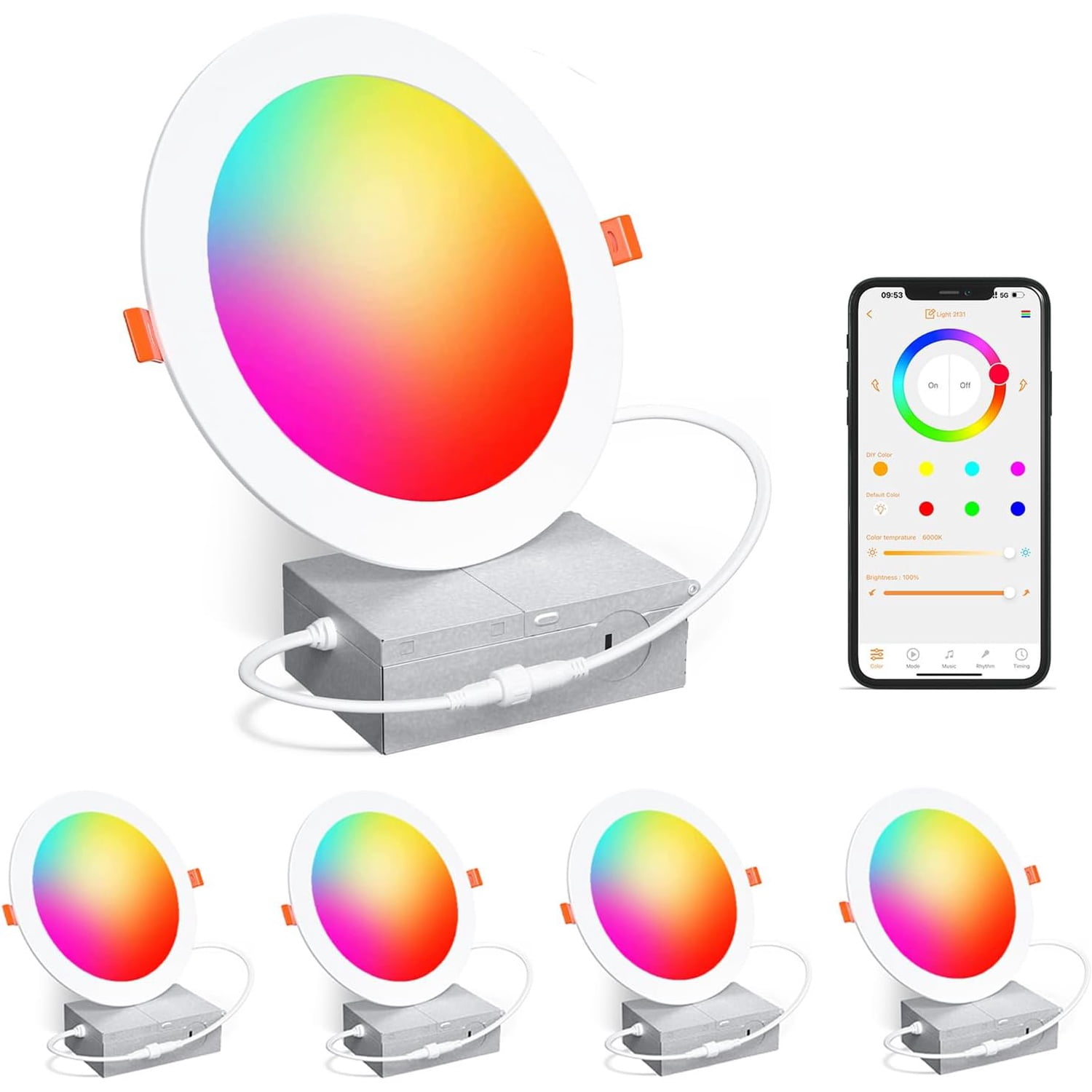 Smart Recessed Lighting 6 Inch RGBCW Color Changing 16W LED Downlights ...