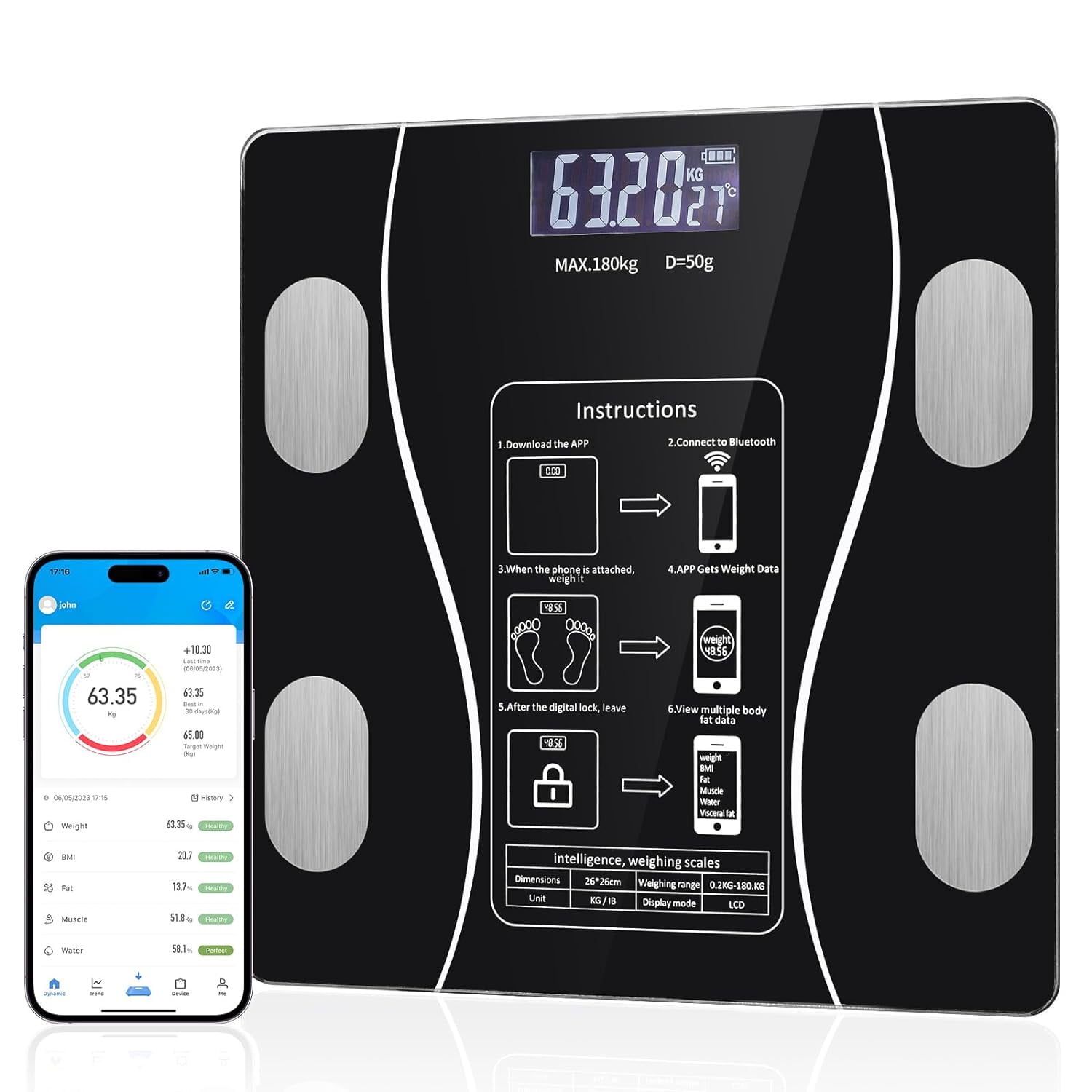 Smart Scale for Body Weight, Digital Bathroom Scale BMI Weighing Bluetooth Body Fat Scale with ...