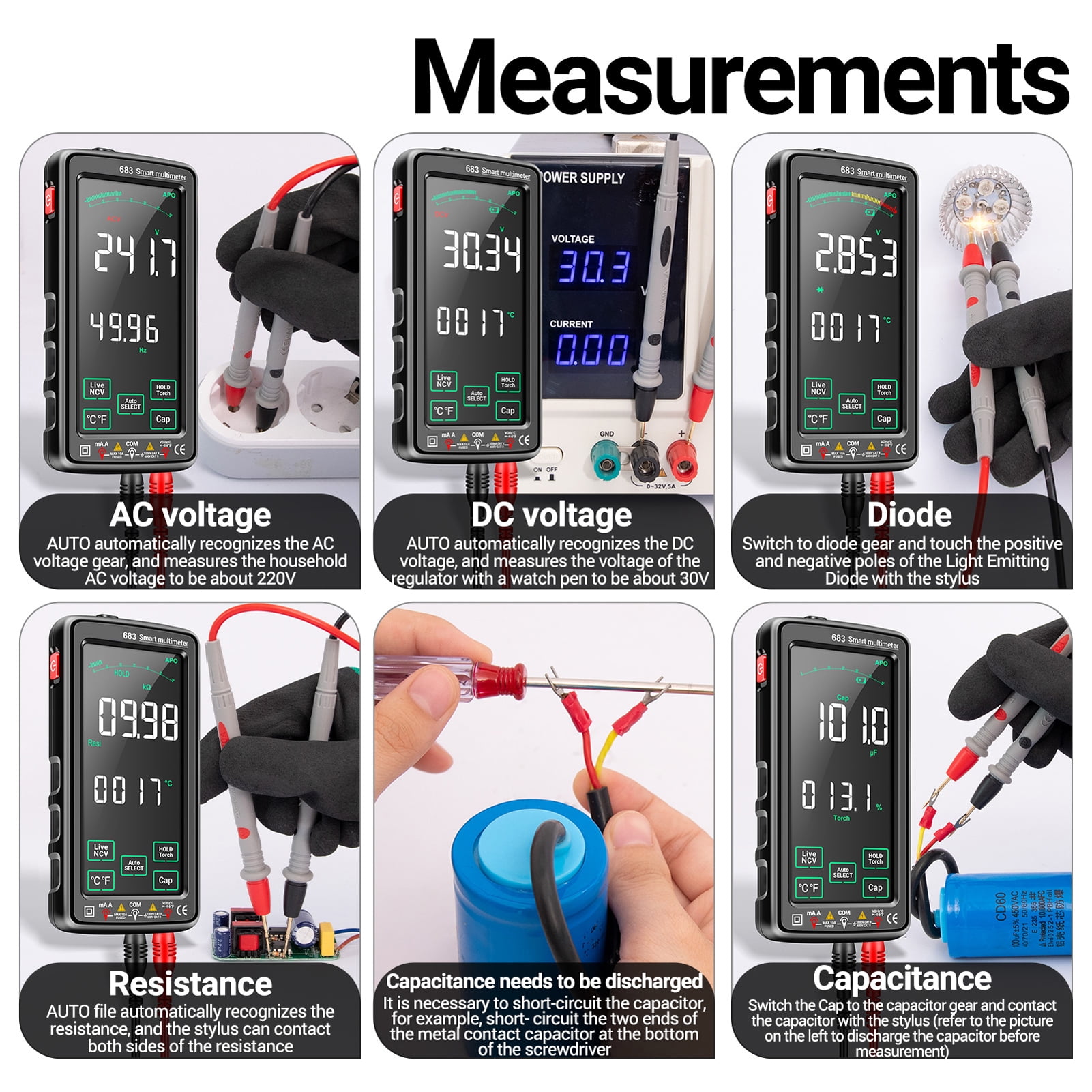 Smart Sensor Touch Screen Multimeter, 6000 Counts Display, NCV ...