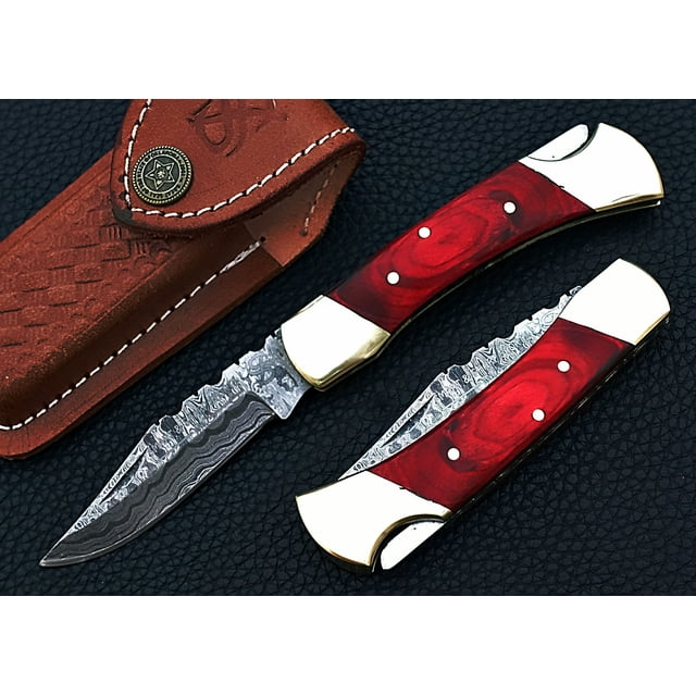 Smart & Sharp Custom Handmade Damascus Steel Folding Knife/Pocket Knife AR-17394 (Red Colored ...