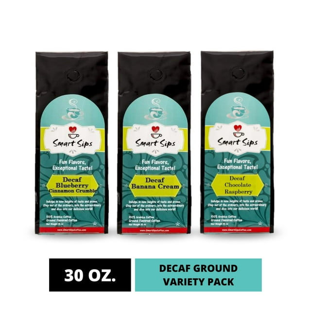 Smart Sips Coffee, Decaf Variety Pack Gourmet Flavored Ground Coffee ...
