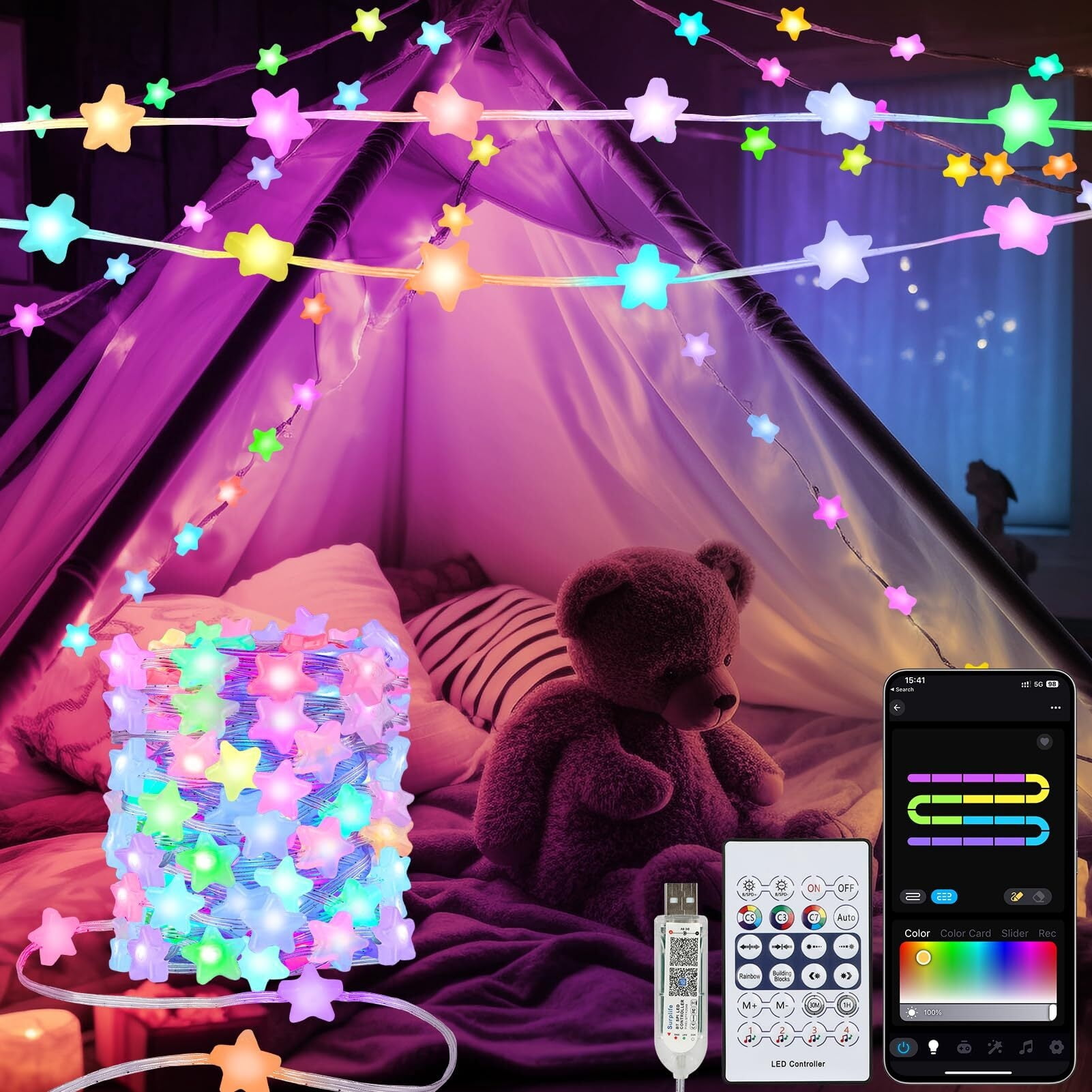 Smart Star String Lights Plug in, 33Ft 16 Million Color Changing Fairy ...
