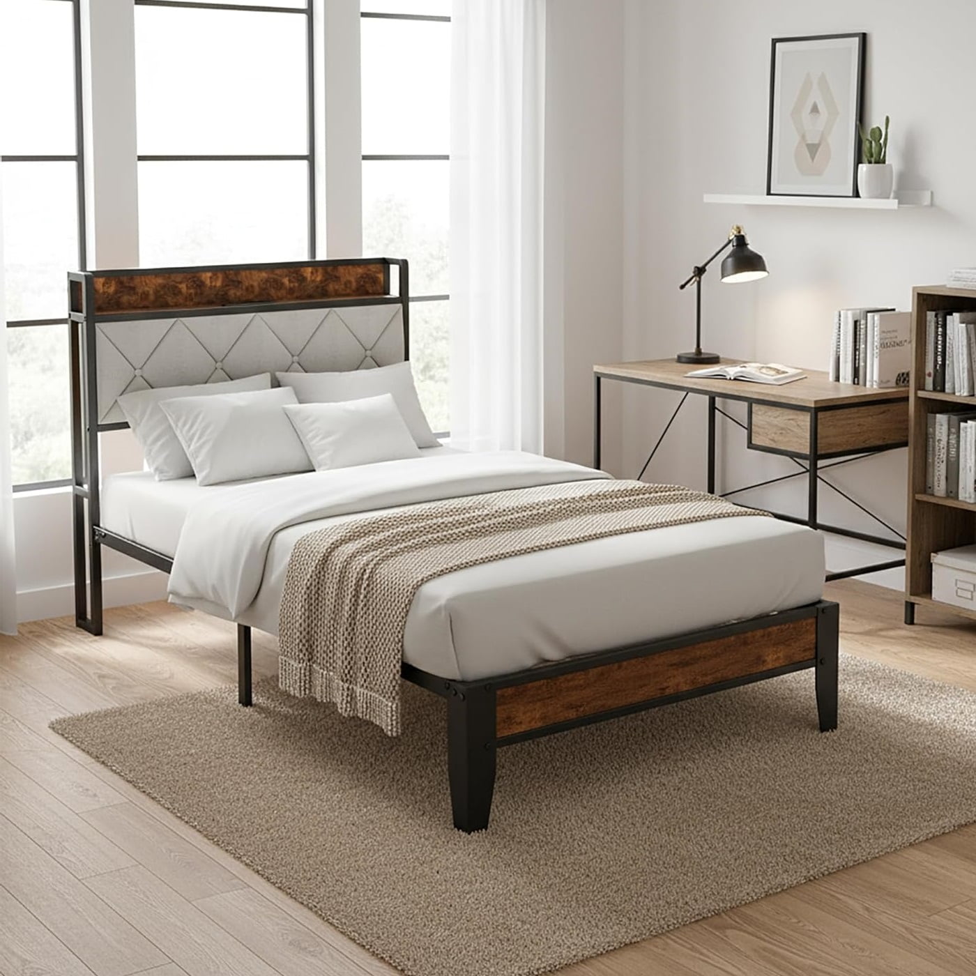 Smart Storage Bed Frame with Charging Station & Upholstered Headboard ...