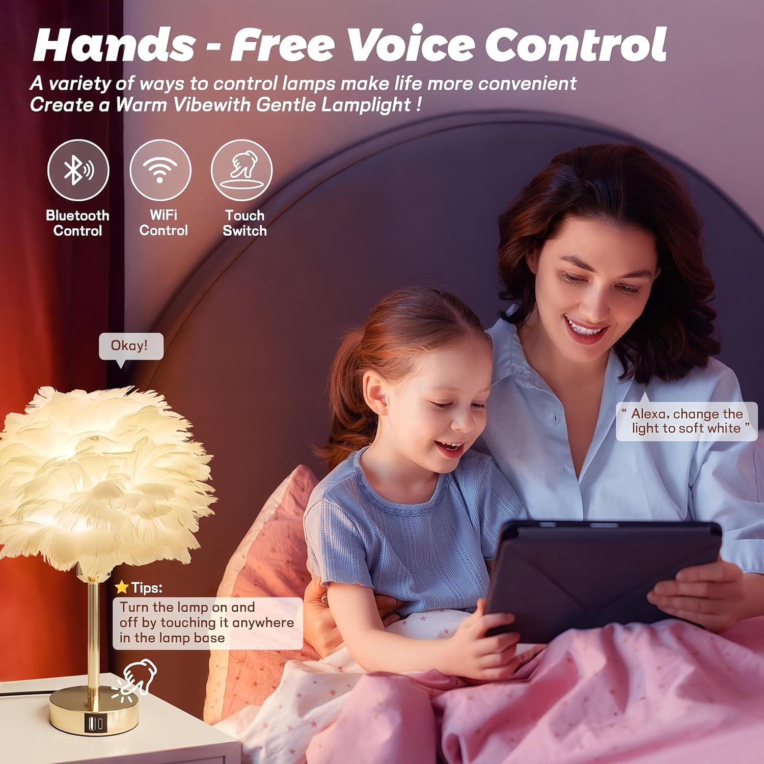 Smart Touch Control Bedside Table Feather Lamp Night Light with USB ...