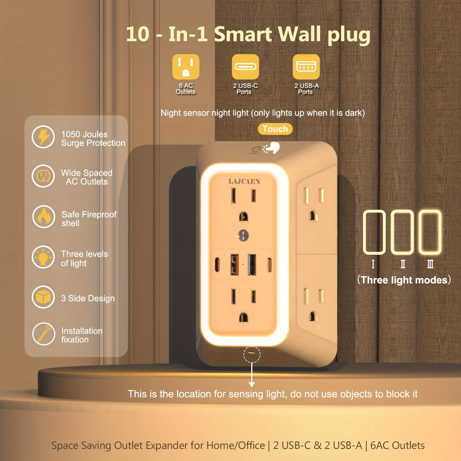Smart USB Wall Charger with Surge Protector, Night Light, 6 Outlets & 4 ...