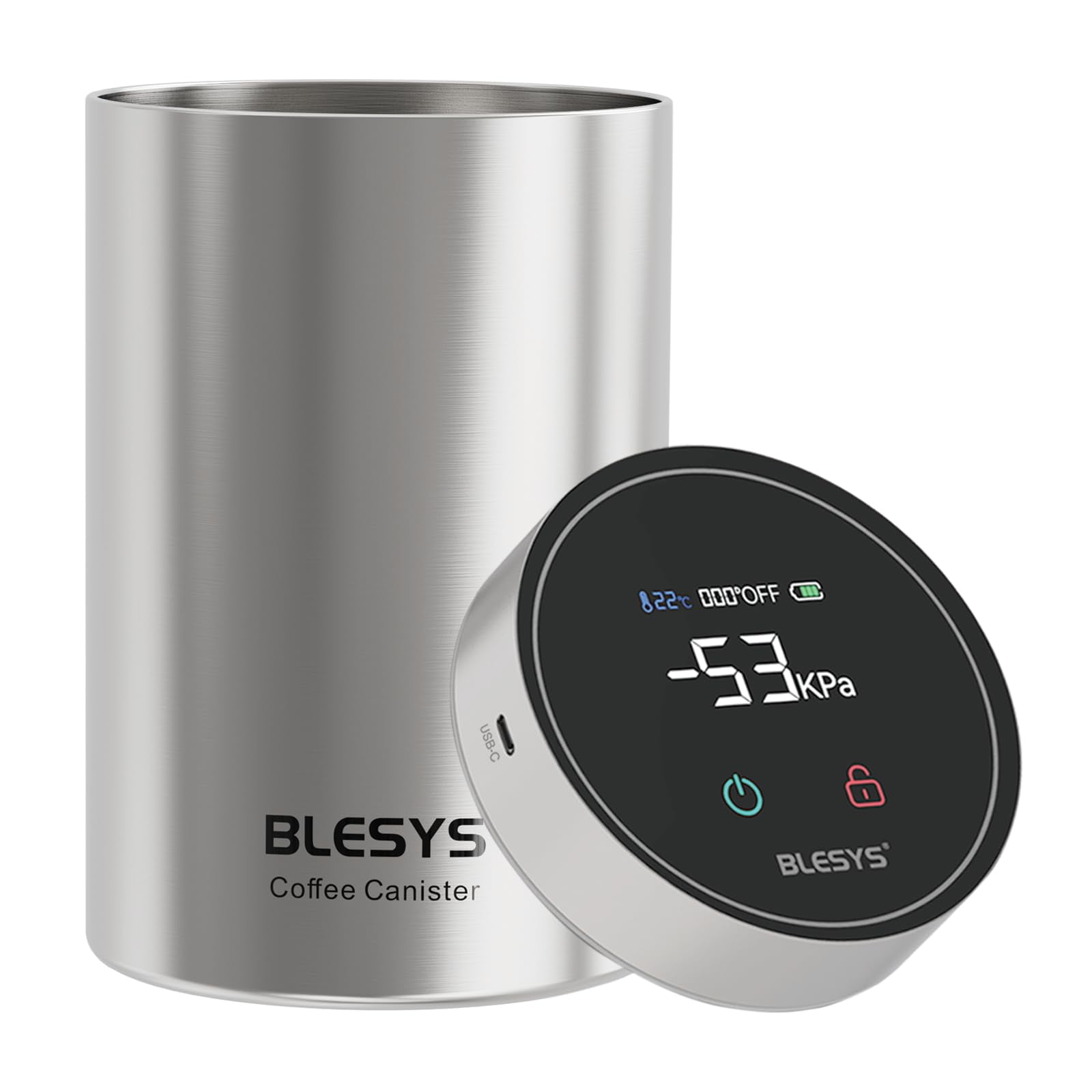 Smart Vacuum Coffee Canister, 1.8L Automatic Stainless Steel Storage Container, LCD Monitoring ...